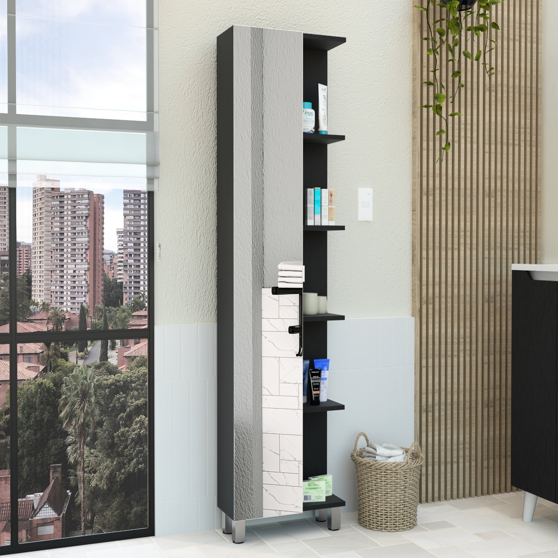 Linen Cabinet, 62" In Height, Black, With Five Exterior And Four ...