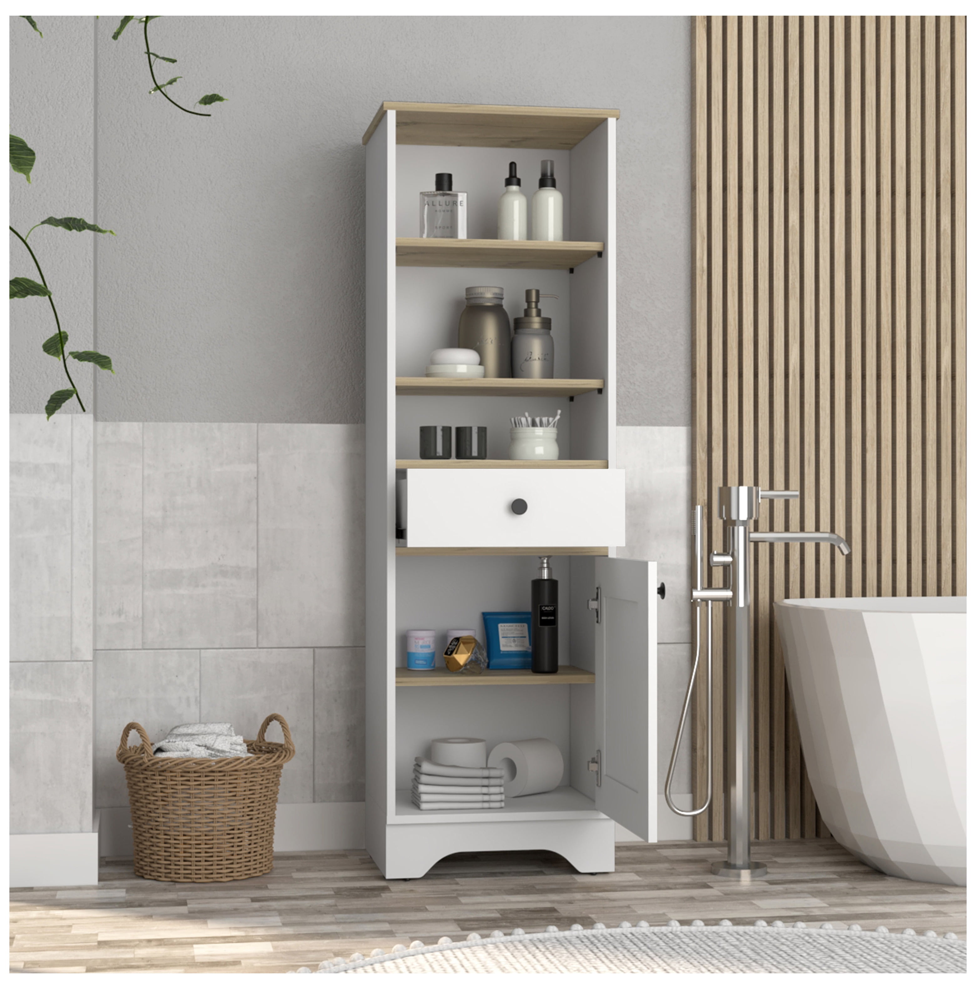 Linen Cabinet Bathroom Storage - Light Oak & White Finish - Multiple ...