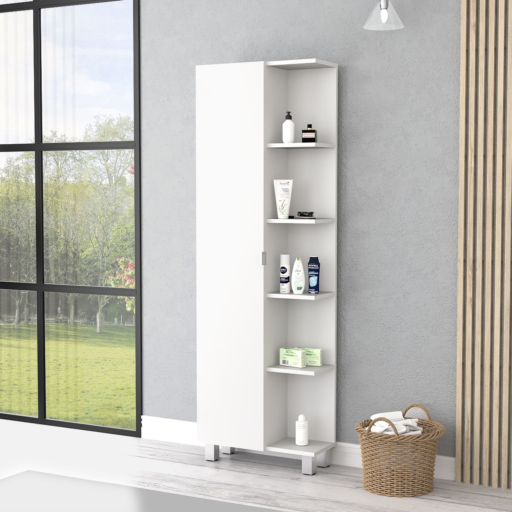 Linen Cabinet in Bathroom / One Door, Melamine Filler, 62.2" Tall ...