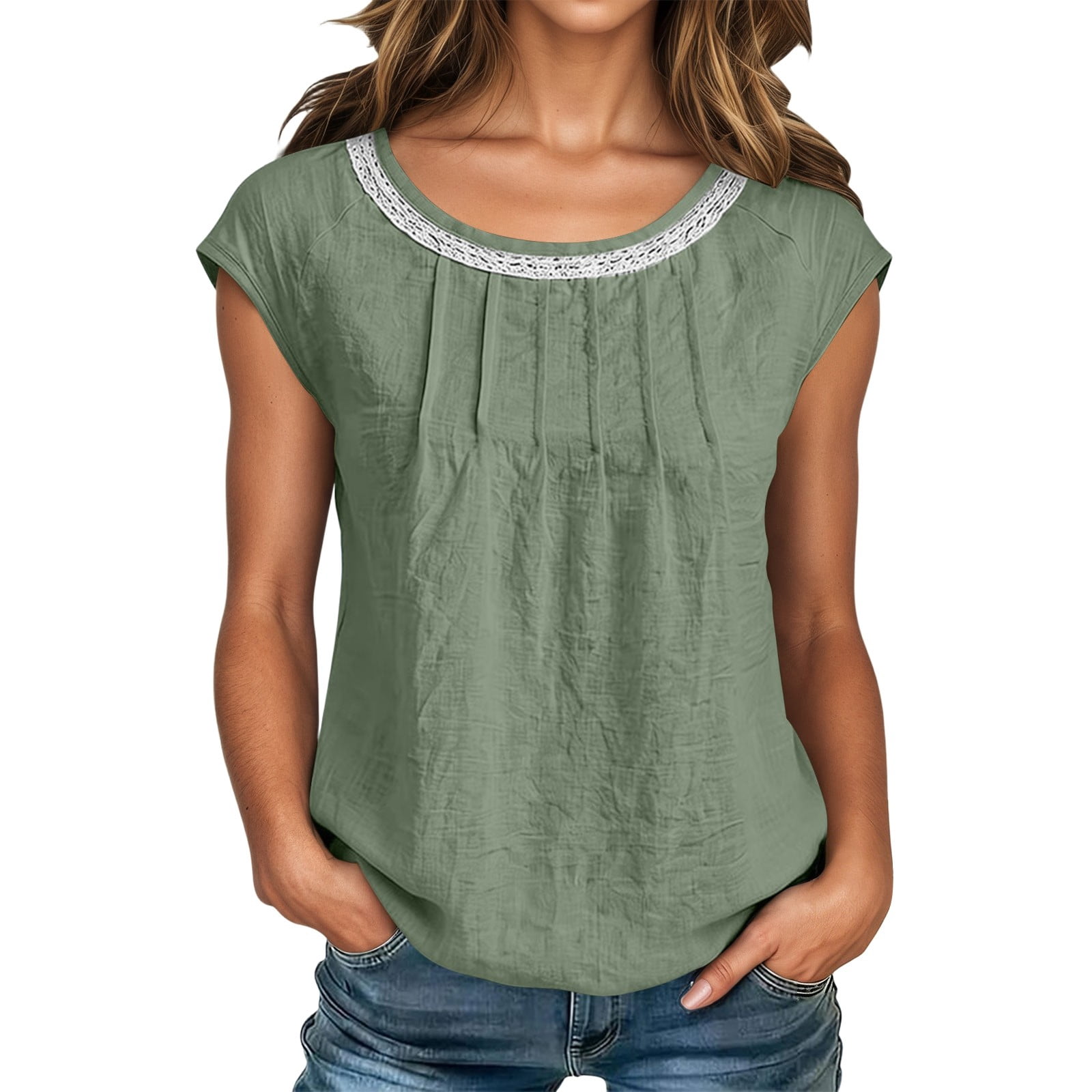 Linen Cap Sleeve Tops for Women 2026 Summer Crewneck Pleated Front ...