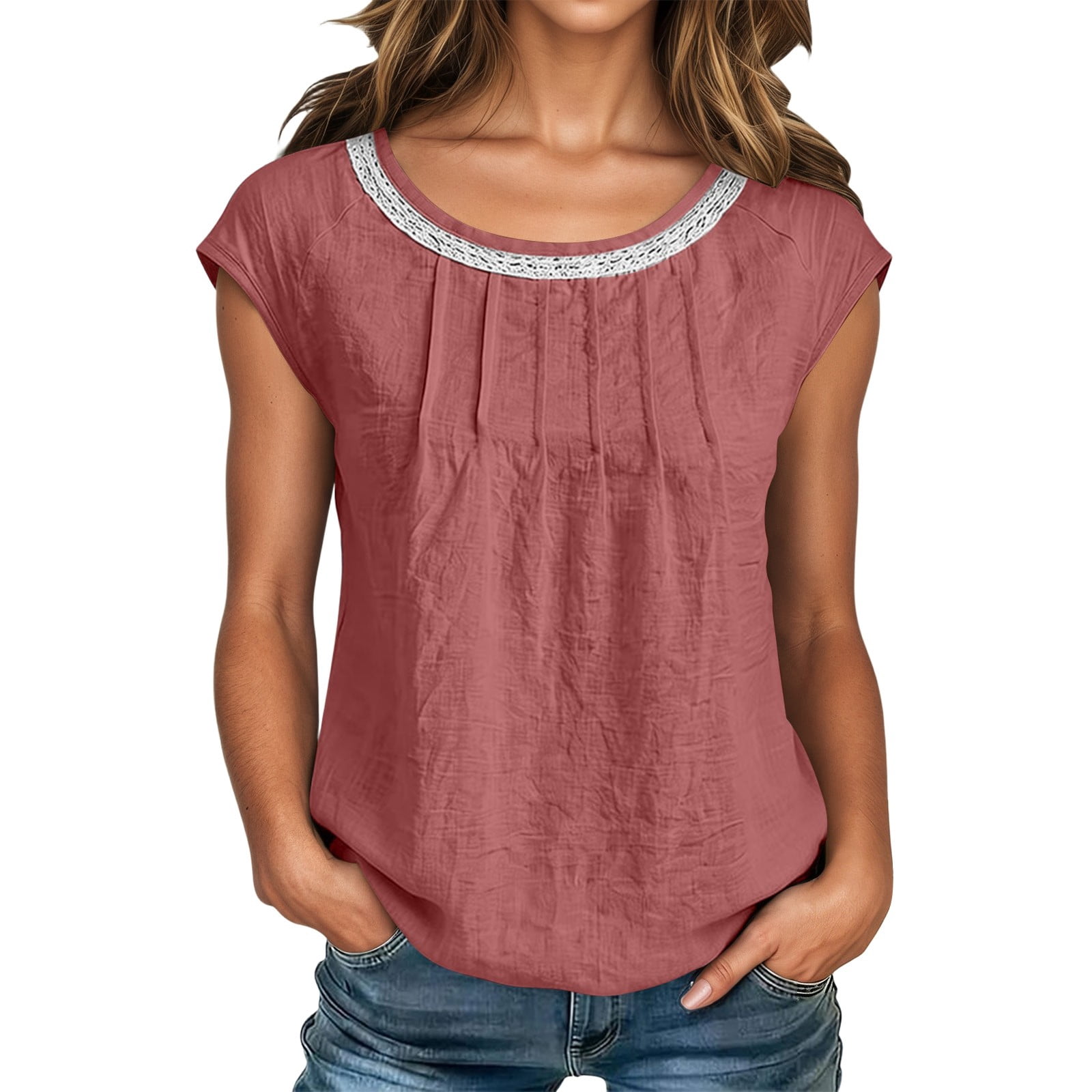 Linen Cap Sleeve Tops for Women 2026 Summer Crewneck Pleated Front ...