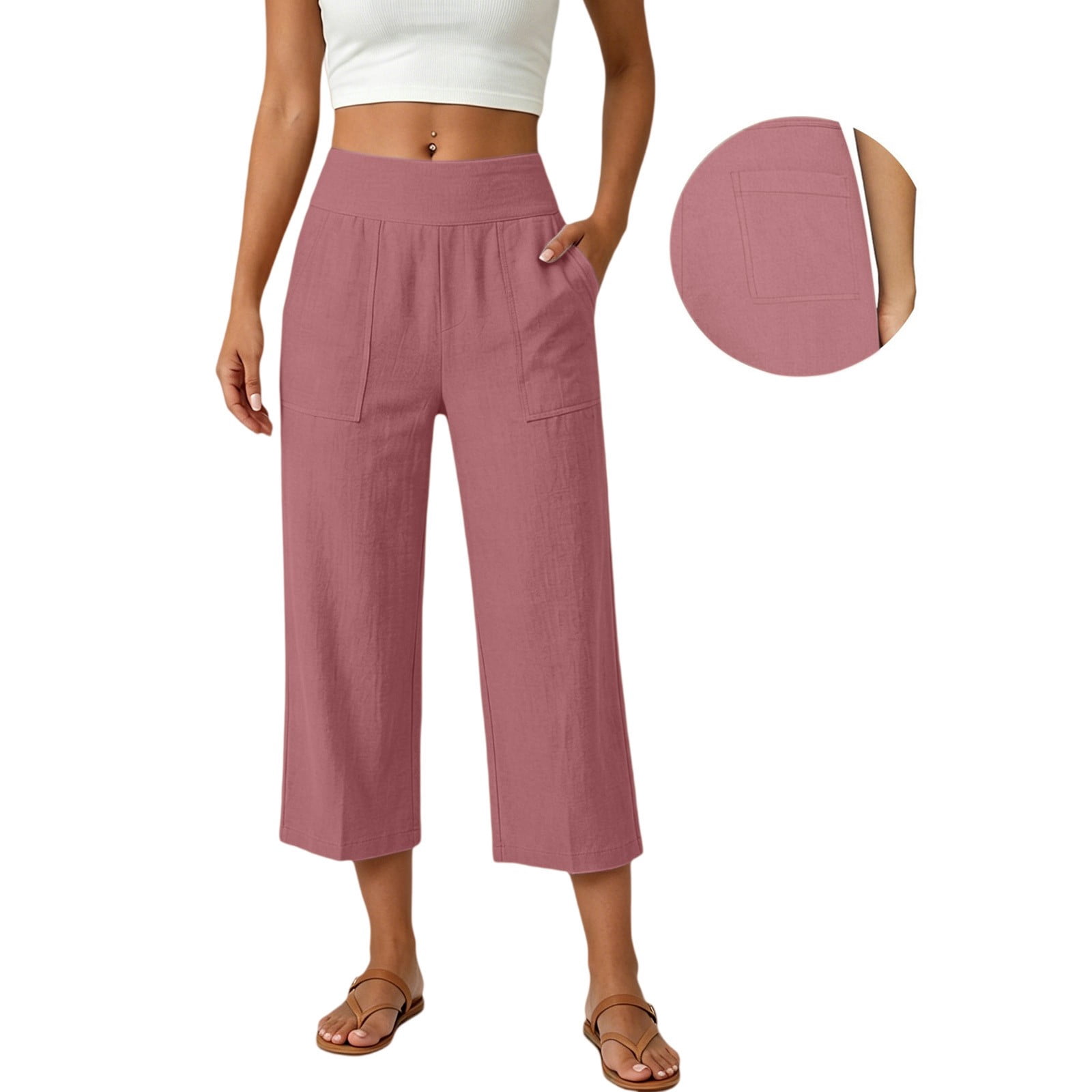 Linen Capri Pants For Women Cropped Barrel Drawstring Wide Leg Cotton ...