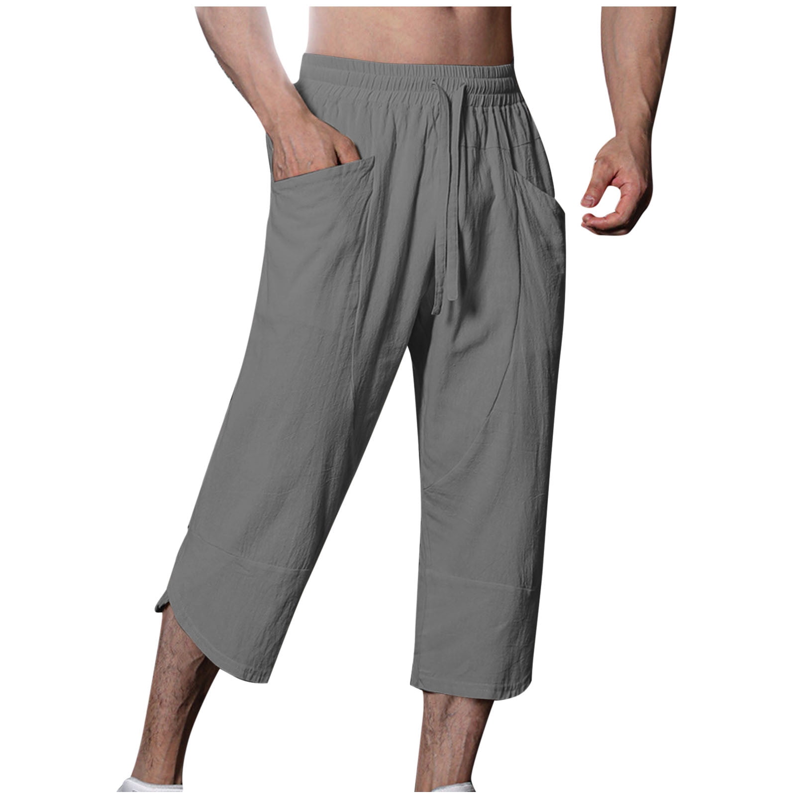 Linen Capri Pants Men Drawstring Beach Trousers with Pockets 3/4 Length Summer Walking Hiking ...