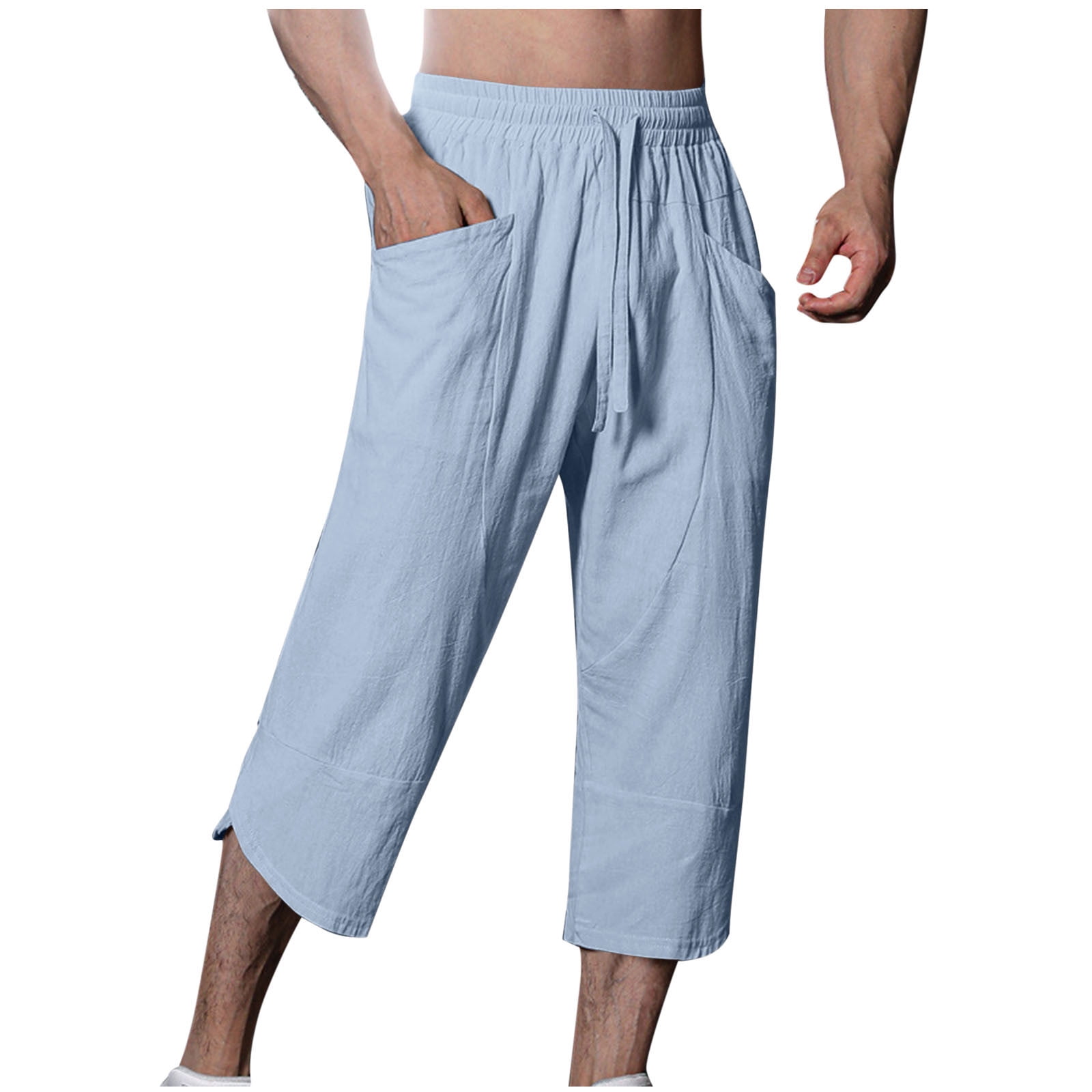 Linen Capri Pants Men Drawstring Beach Trousers with Pockets 3/4 Length ...