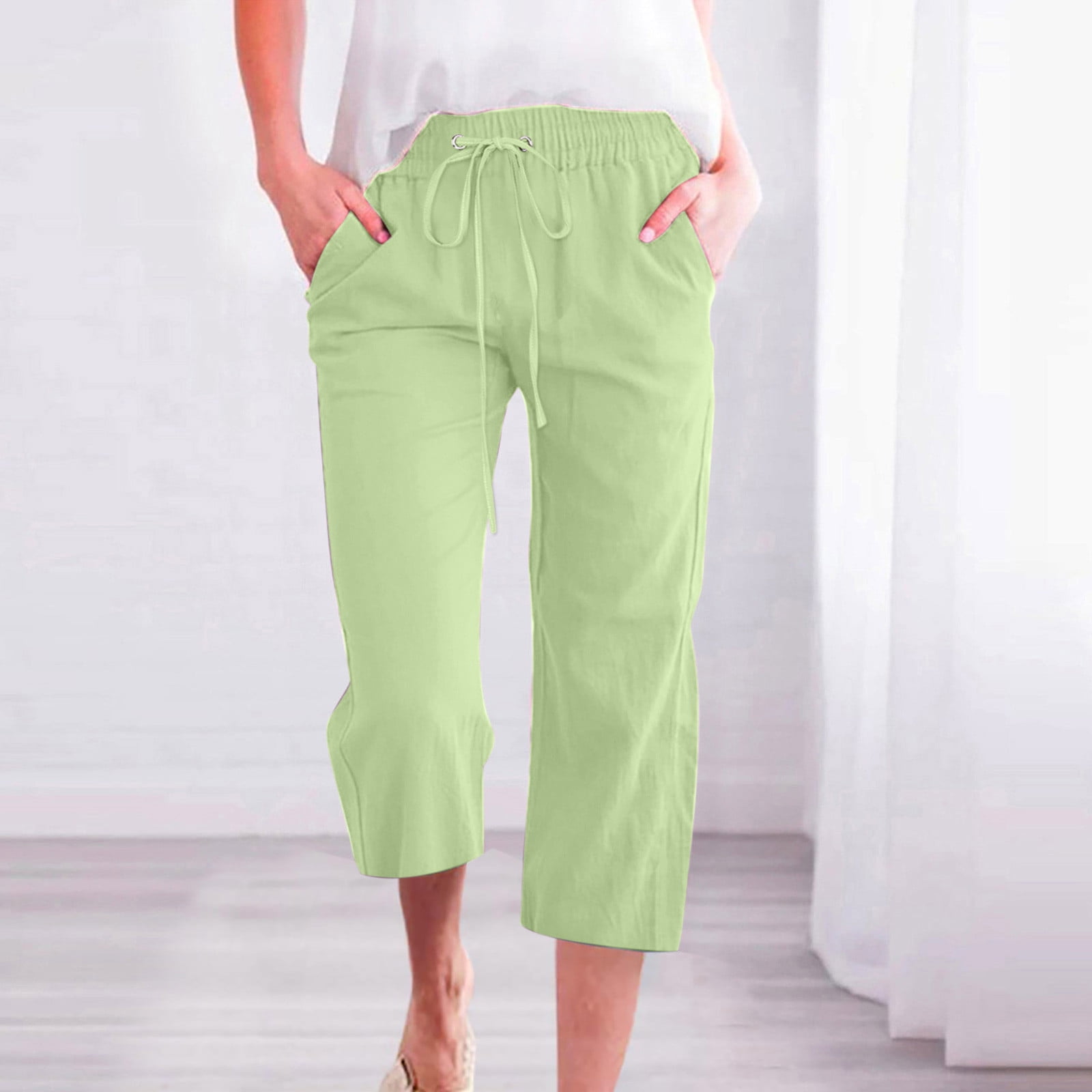 Linen Capri Pants Women Summer Drawstring Waist Pants Straight Wide Leg Cropped Trousers with ...
