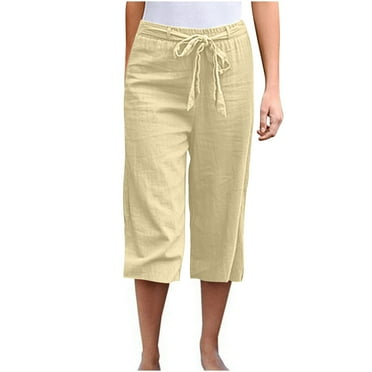 Summer Pants for Women Casual Cotton Linen Wide Leg Drawstring Elastic Waist Capris Crop Pants ...