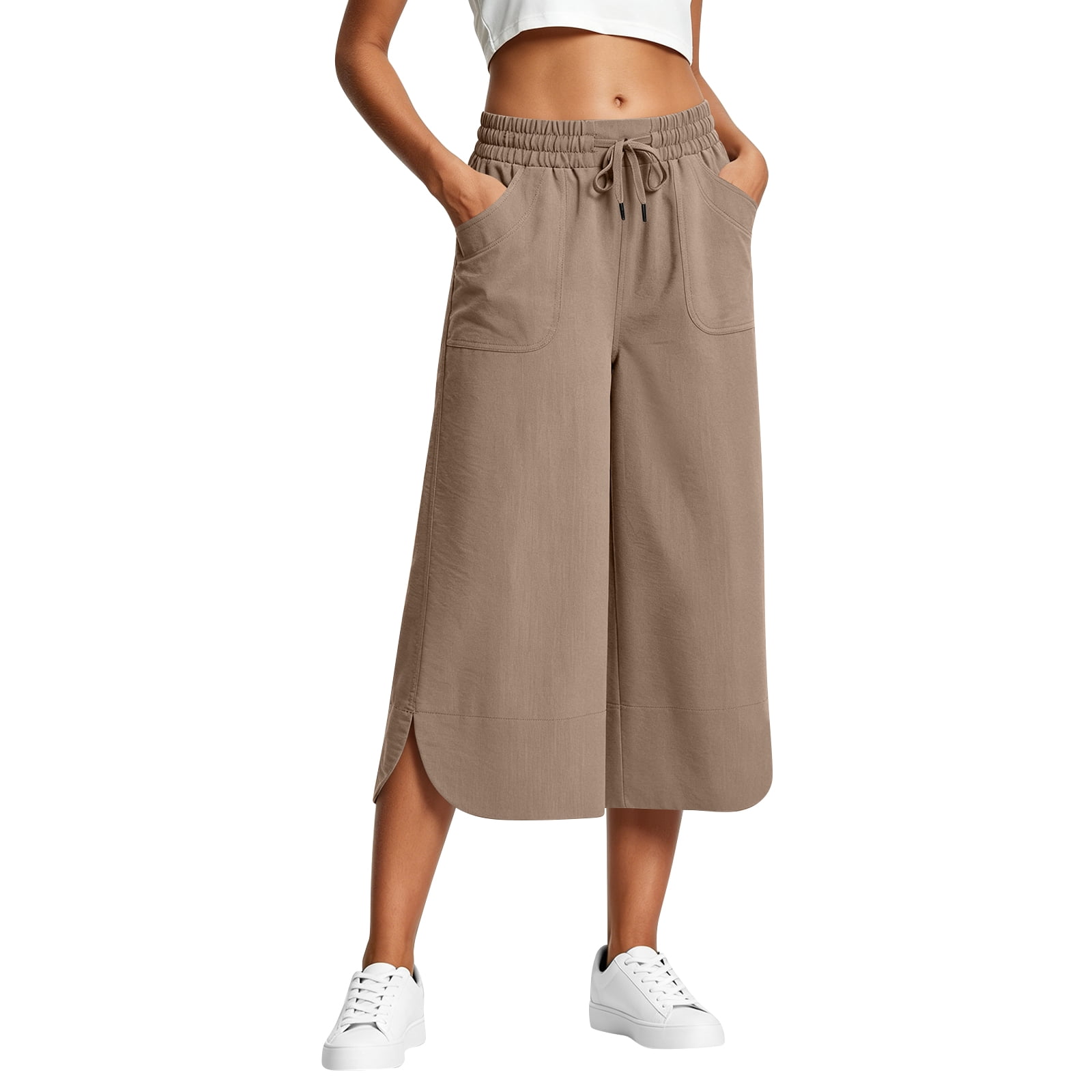 Linen Capri Pants for Women Casual Summer Petite Wide Leg Pull On ...