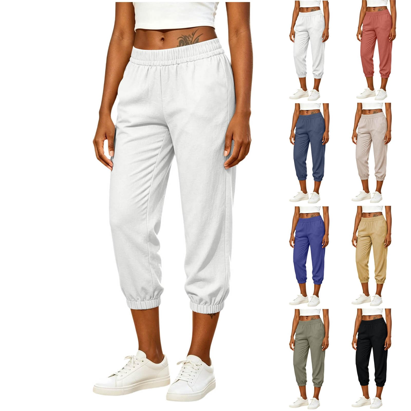 Linen Capris Ankle Cuff Womens Capris for Summer Crop Pants High Waist ...