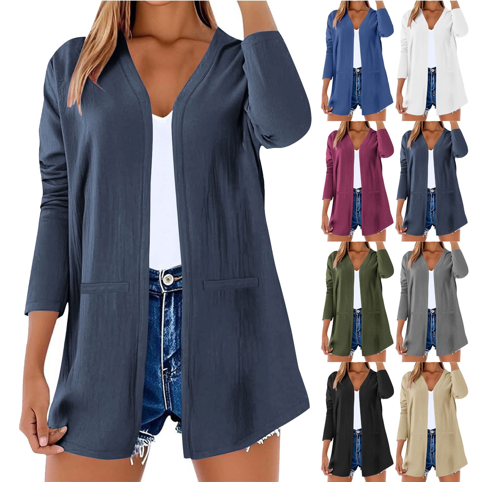 Linen Cardigans for Women Long Sleeve V Neck Open Front Shirts With ...