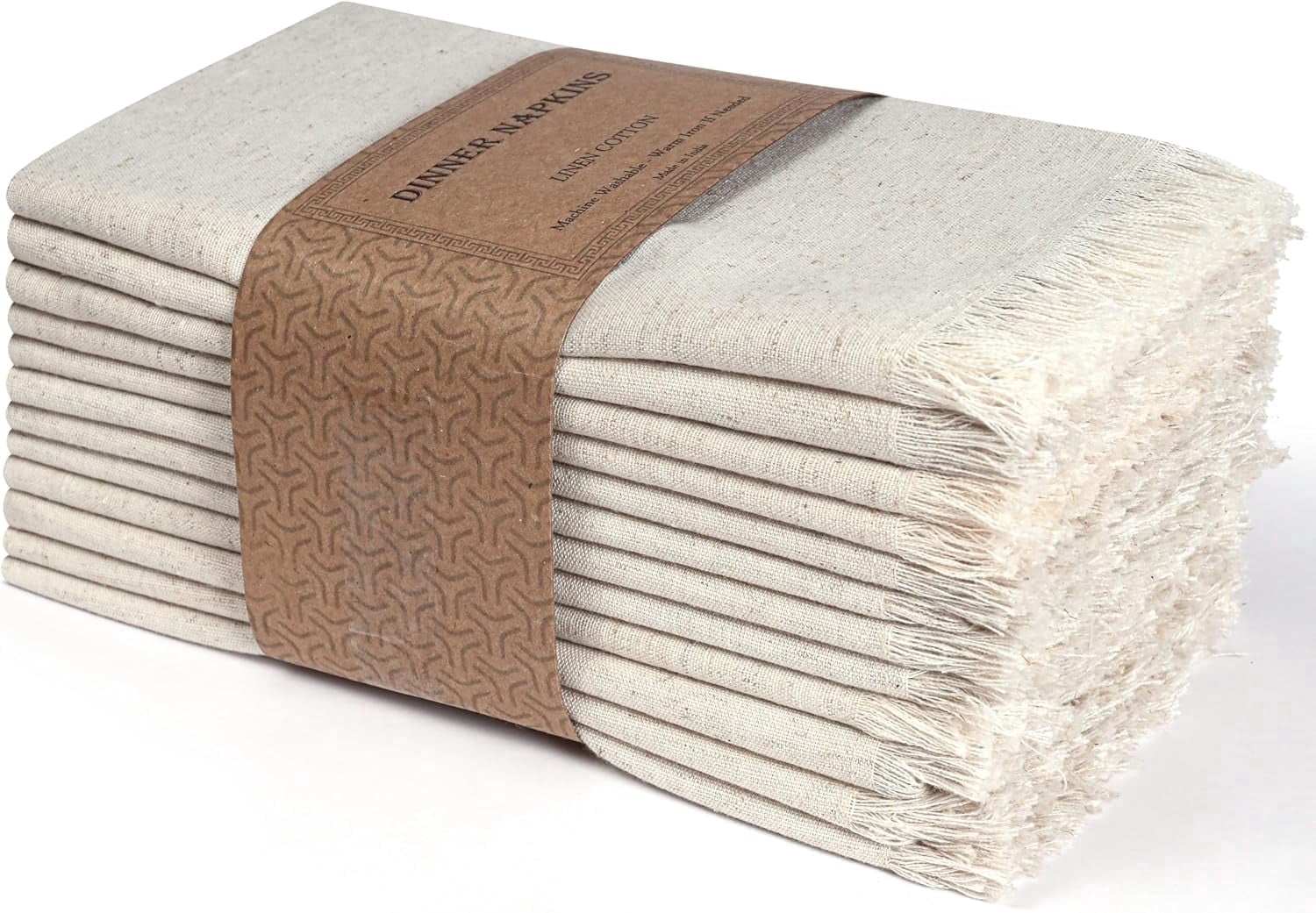 Bedding Craft Linen Dinner Napkins 18x18 Set of 12, Natural with Fringe ...