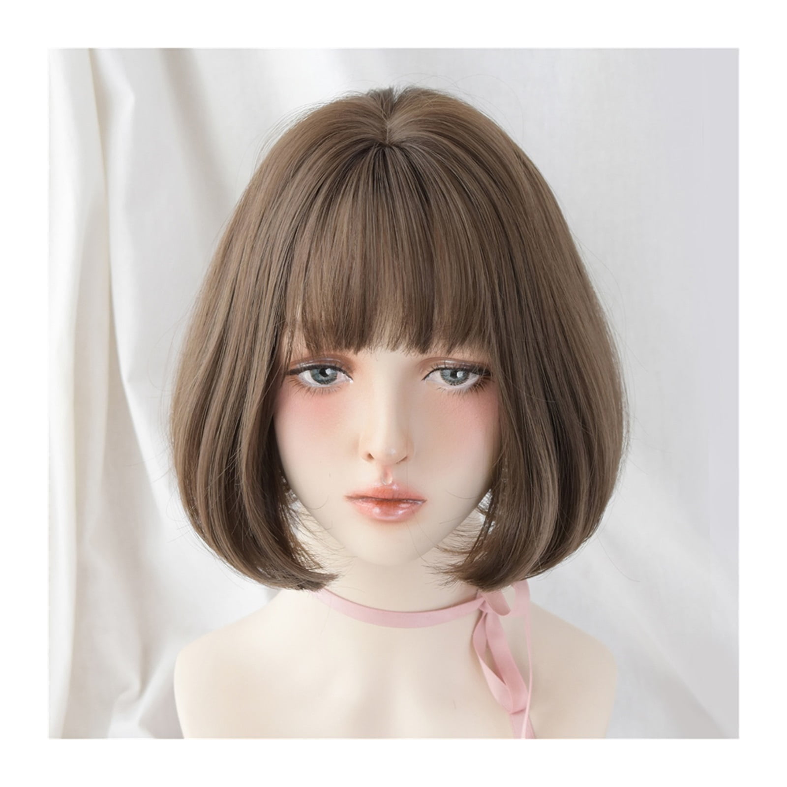 Linen Color Bob Short Straight Synthetic Wigs with Bangs Women Lolita ...