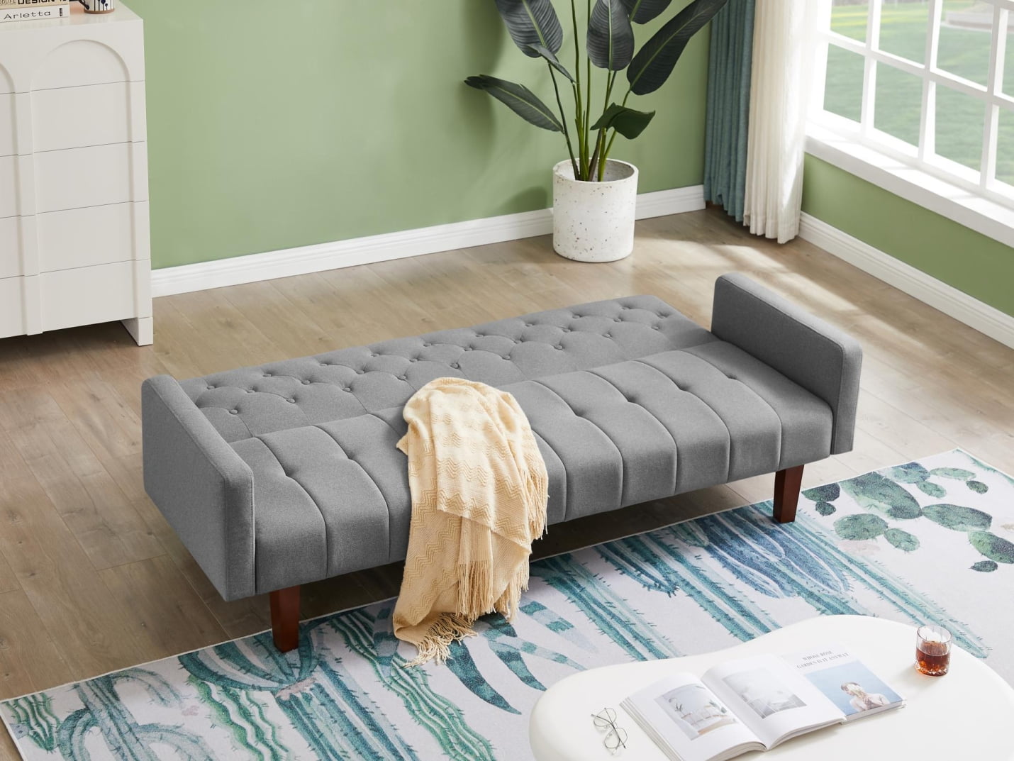 Linen Convertible Futon Sofa Bed, Button Tufted Folding Futon Couch ...