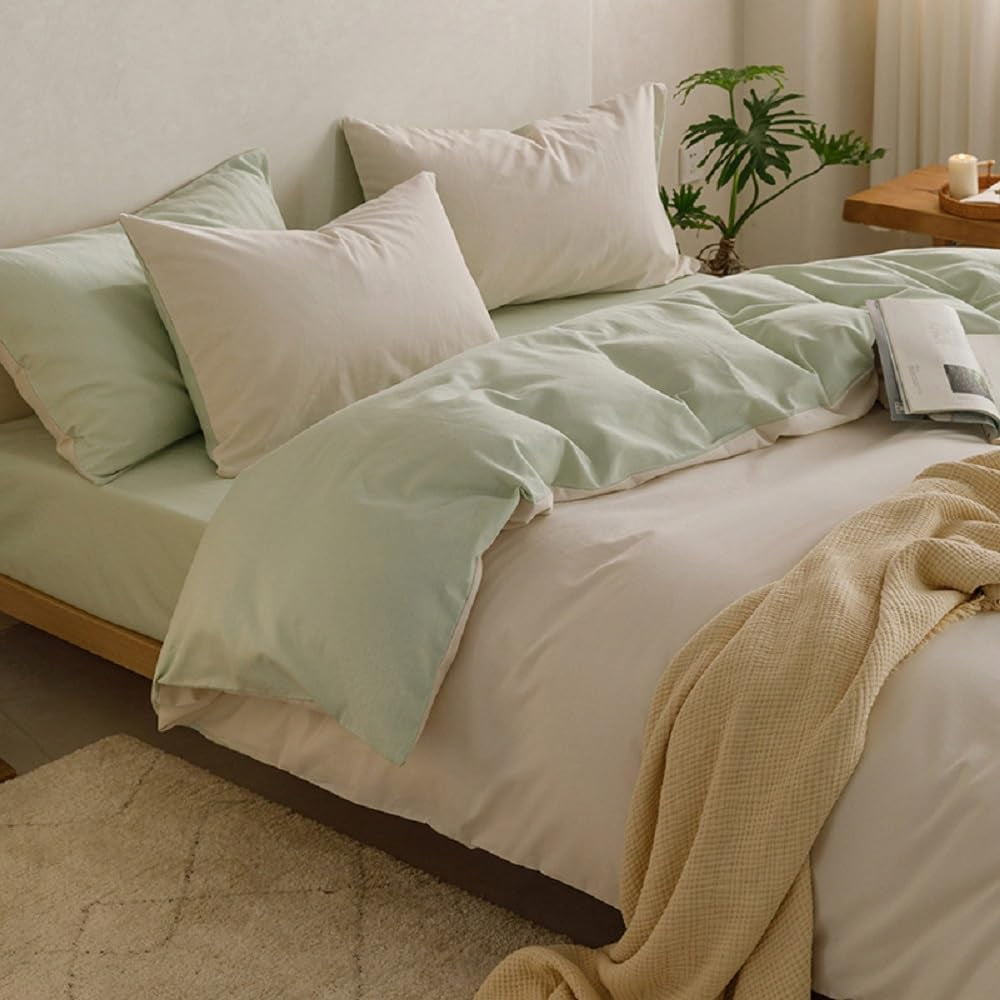 Linen Cotton Renforce White Green Reversible Bedding Uni Solid Color ...