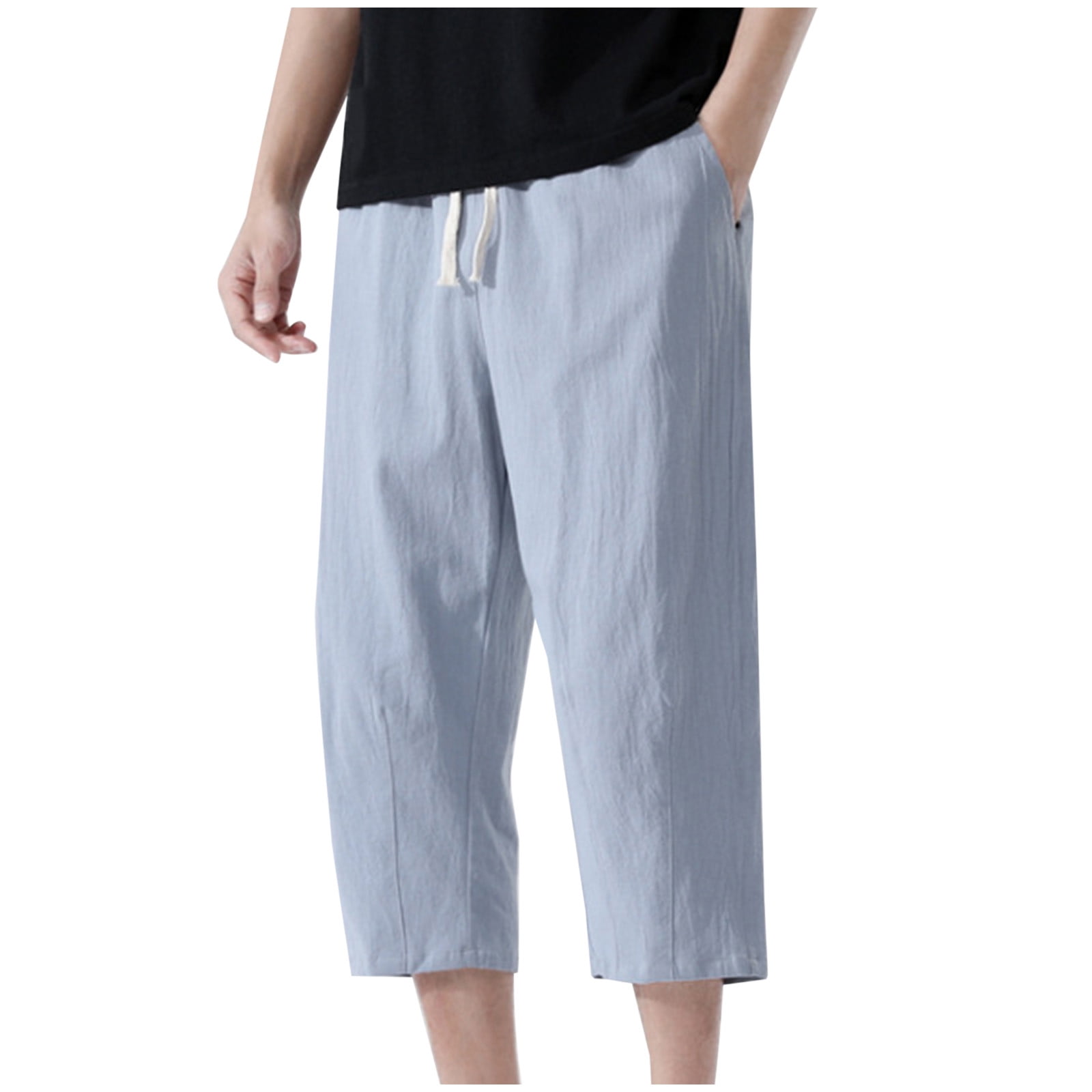 Linen Cotton Solid Capri Pants Mens Casual Baggy Wide Leg Capris Plus ...
