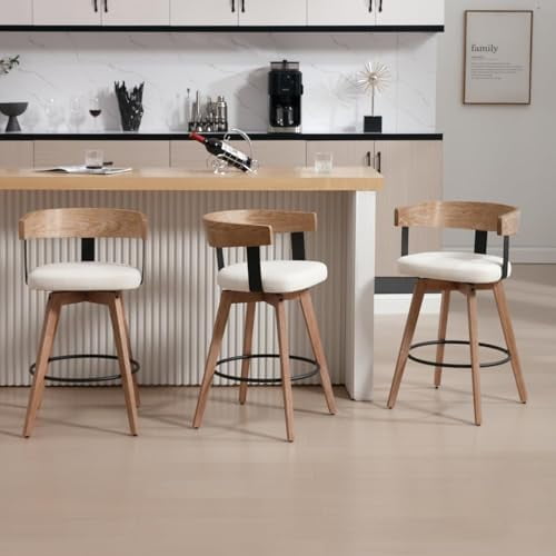 Linen Counter Stools Set of 3, 360° Swivel Wooden Kitchen Stools with ...