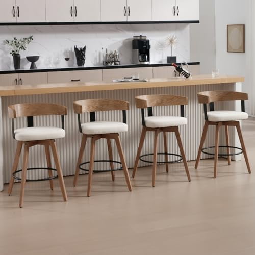 Linen Counter Stools Set of 4, 360° Swivel Wooden Kitchen Stools with ...