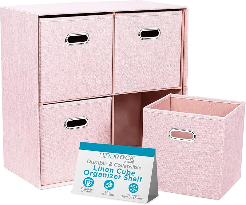 Linen Cube Organizer Shelf with 4 Storage Bins - Durable, Collapsible ...