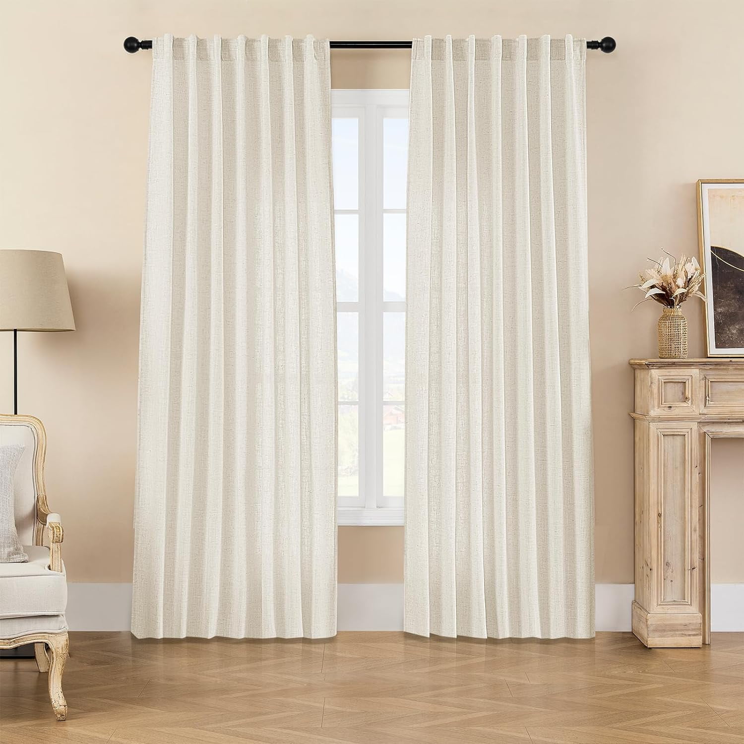 Linen Curtains 2 Panel Set, Light Filtering Ivory and Cream Drapes, 90 ...