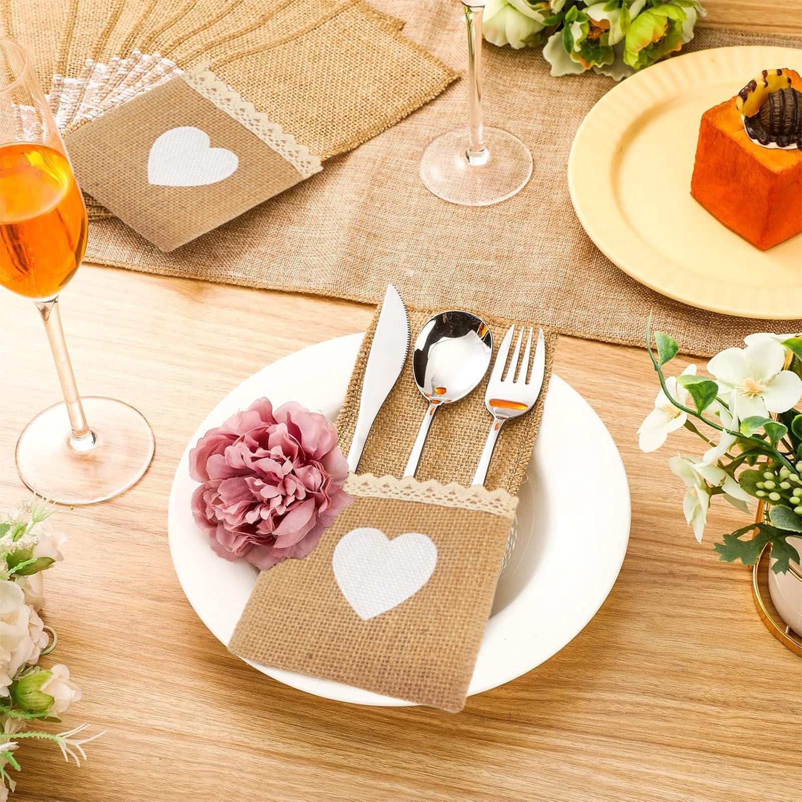 Linen Cutlery Storage Bag with Lace – Khaki Silverware Pouch for ...