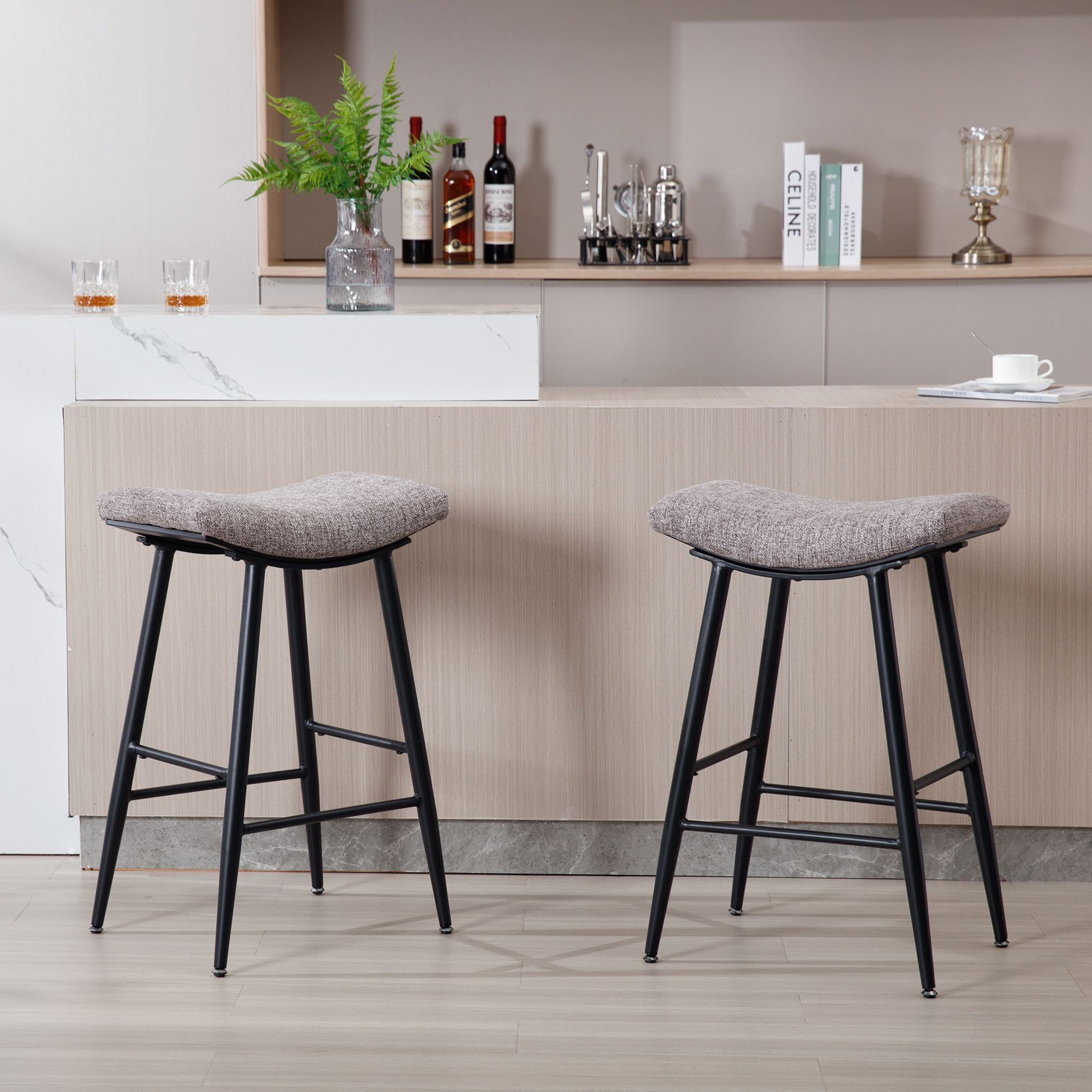 Linen Dining Chairs, Multifunctional Bar Stools without Back, Metal ...