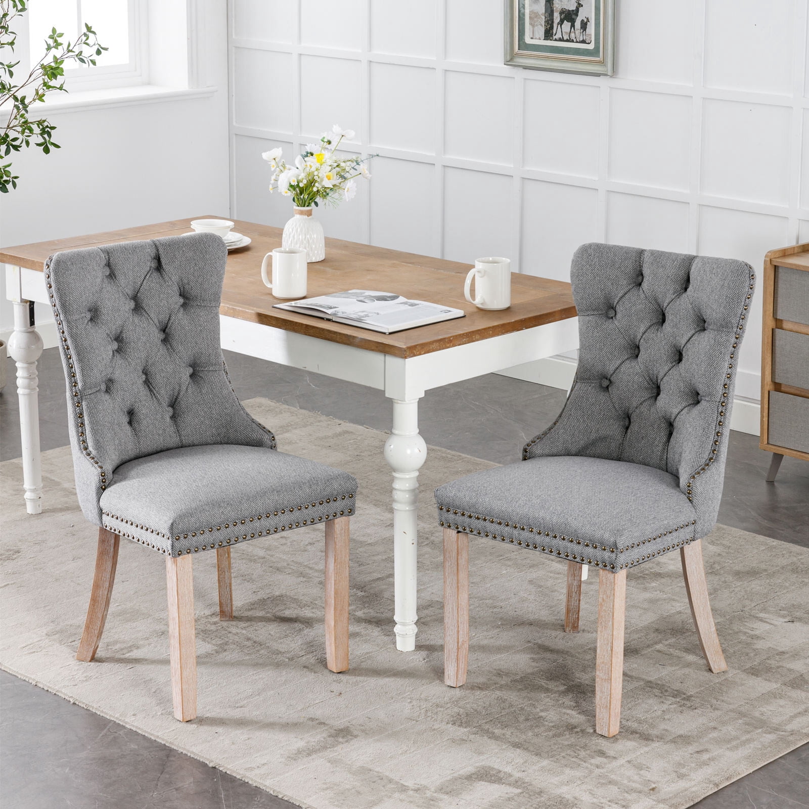 Top Modern Linen Dining Chairs Set of 2, Upholstered Chrome Nailhead ...