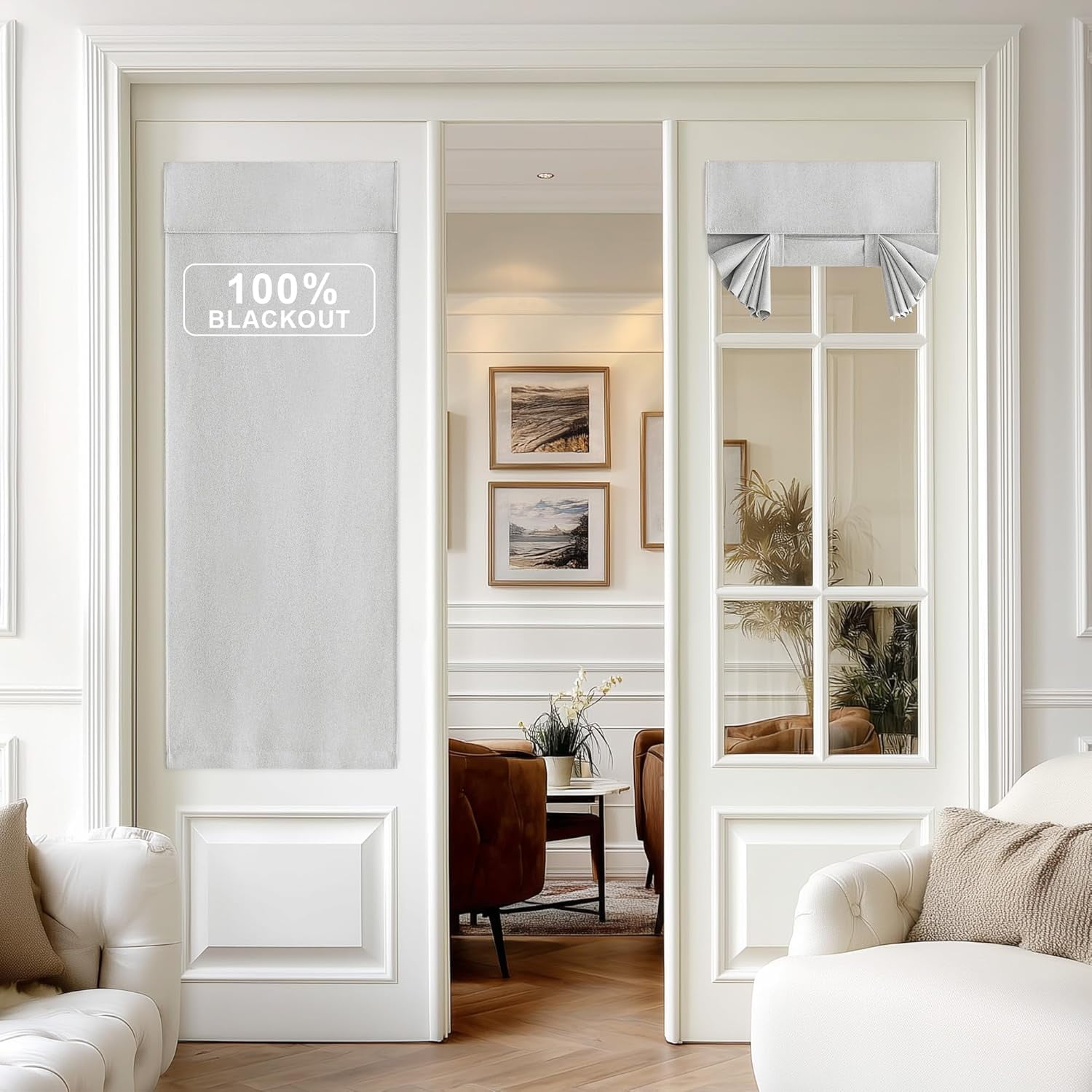 Linen Door Curtain 100% Blackout French Door Blinds for Glass Window, Fully Light Blocking ...