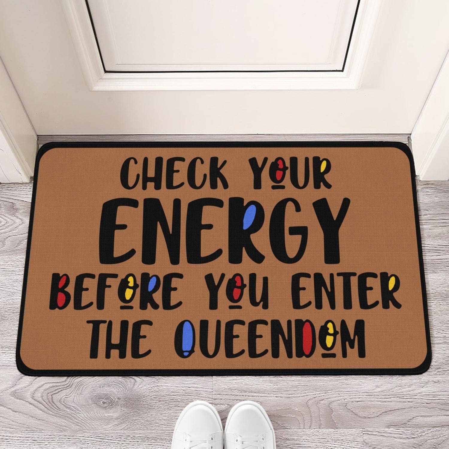 Linen Door Mat Check Your Energy Dirt Resist Funny Rug Indoor and ...