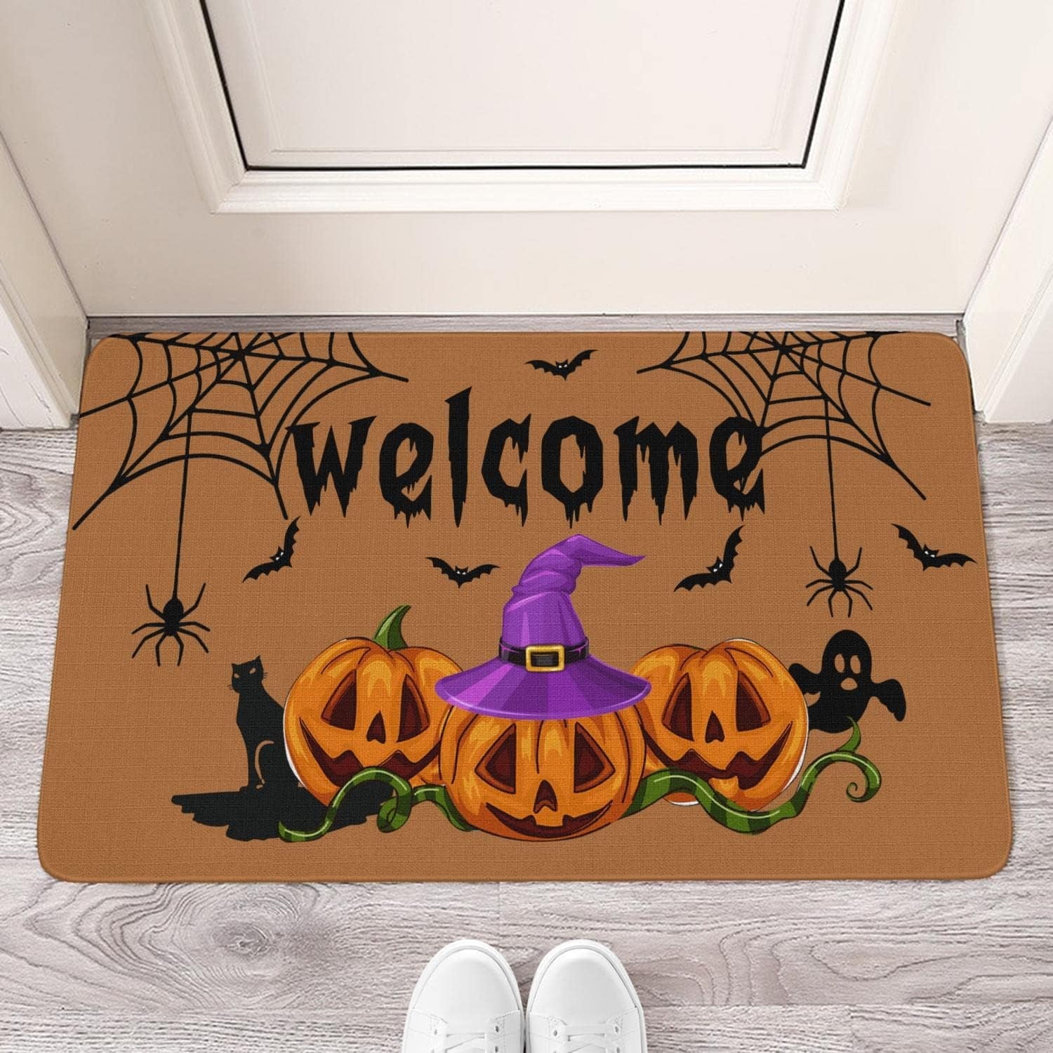Linen Door Mat Pumpkin Dirt Resist Rug Halloween Welcome Indoor and ...