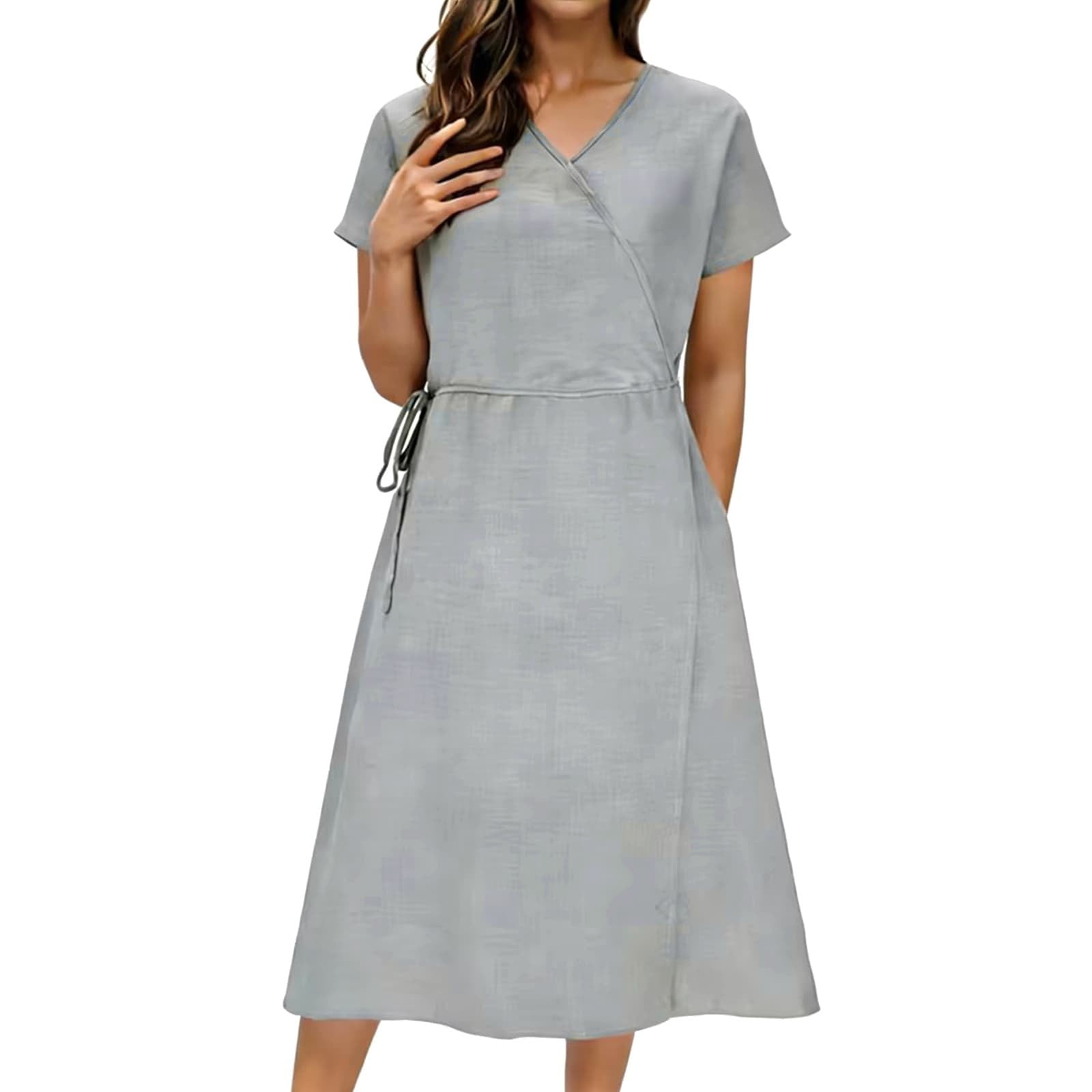 Linen Dress Sevevn Women's Linen V-Neck Wrap Dress Short Sleeve Elastic ...