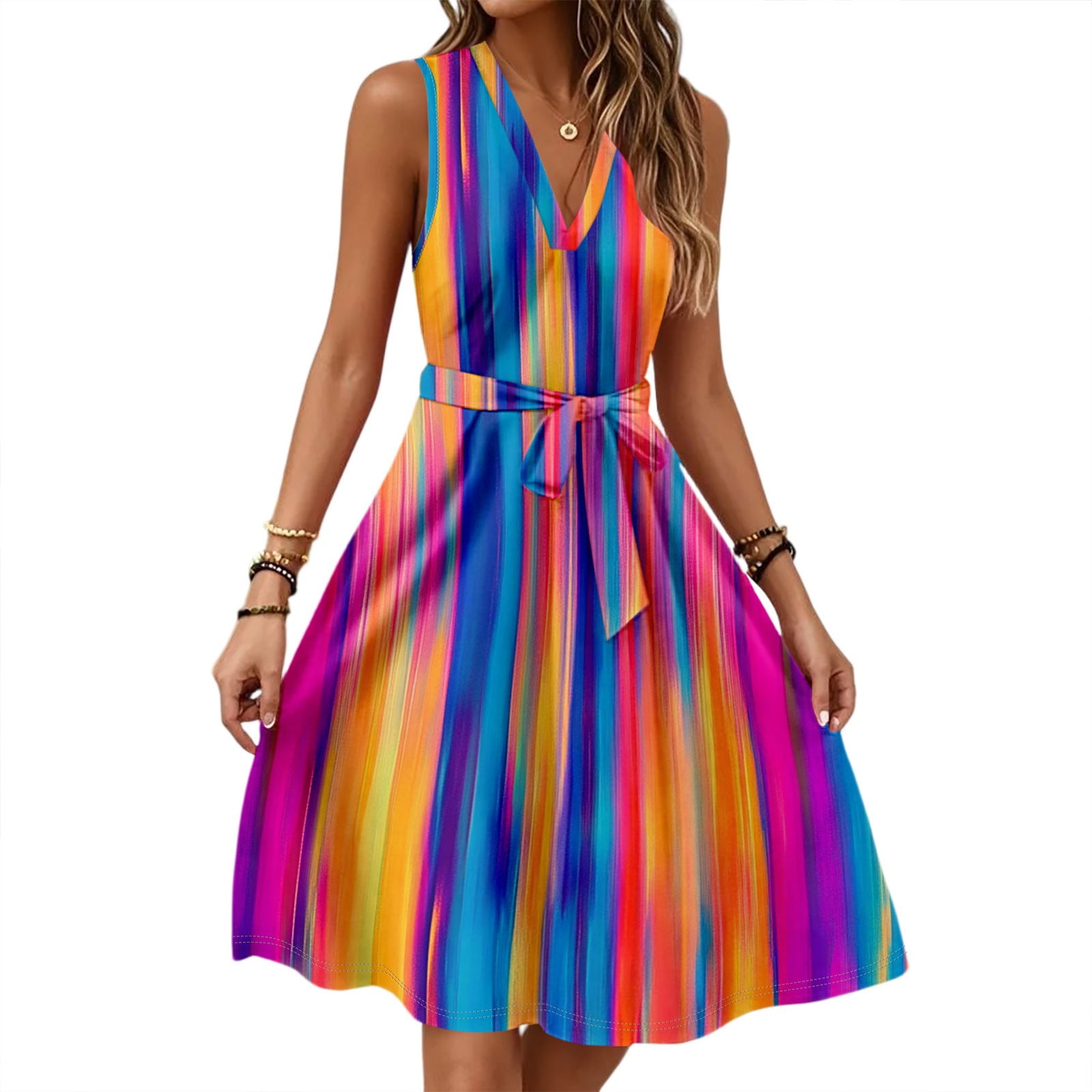 Linen Dress, Smocked Floral Casual V Neck Sleeveless Tunic Tank Dress ...