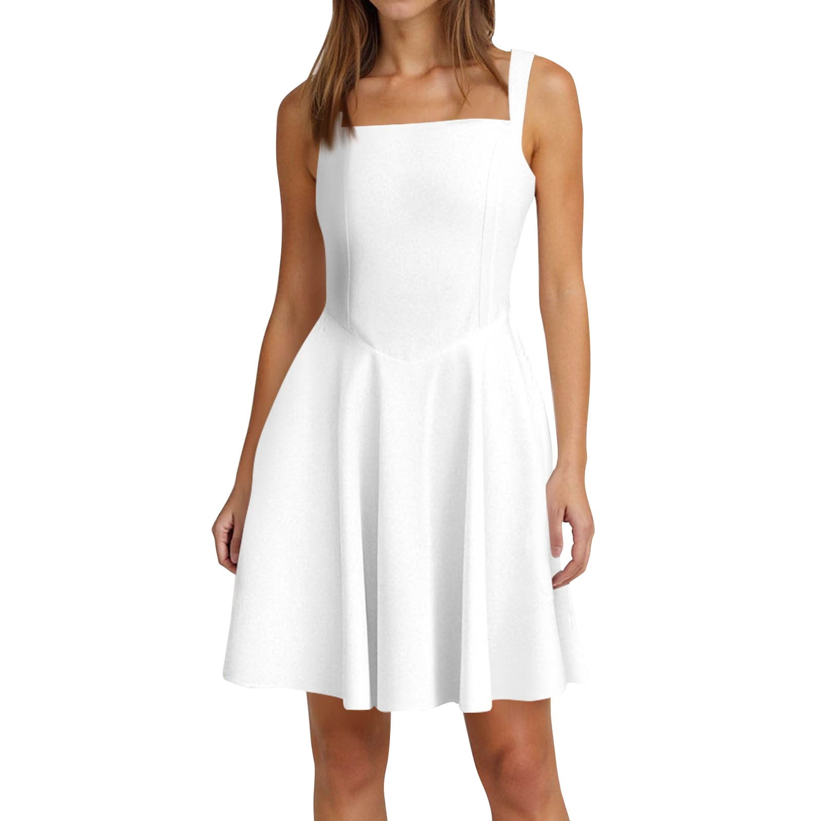 Linen Dress, Spaghetti Strap Square Neck Sleeveless Midi Dress Casual ...