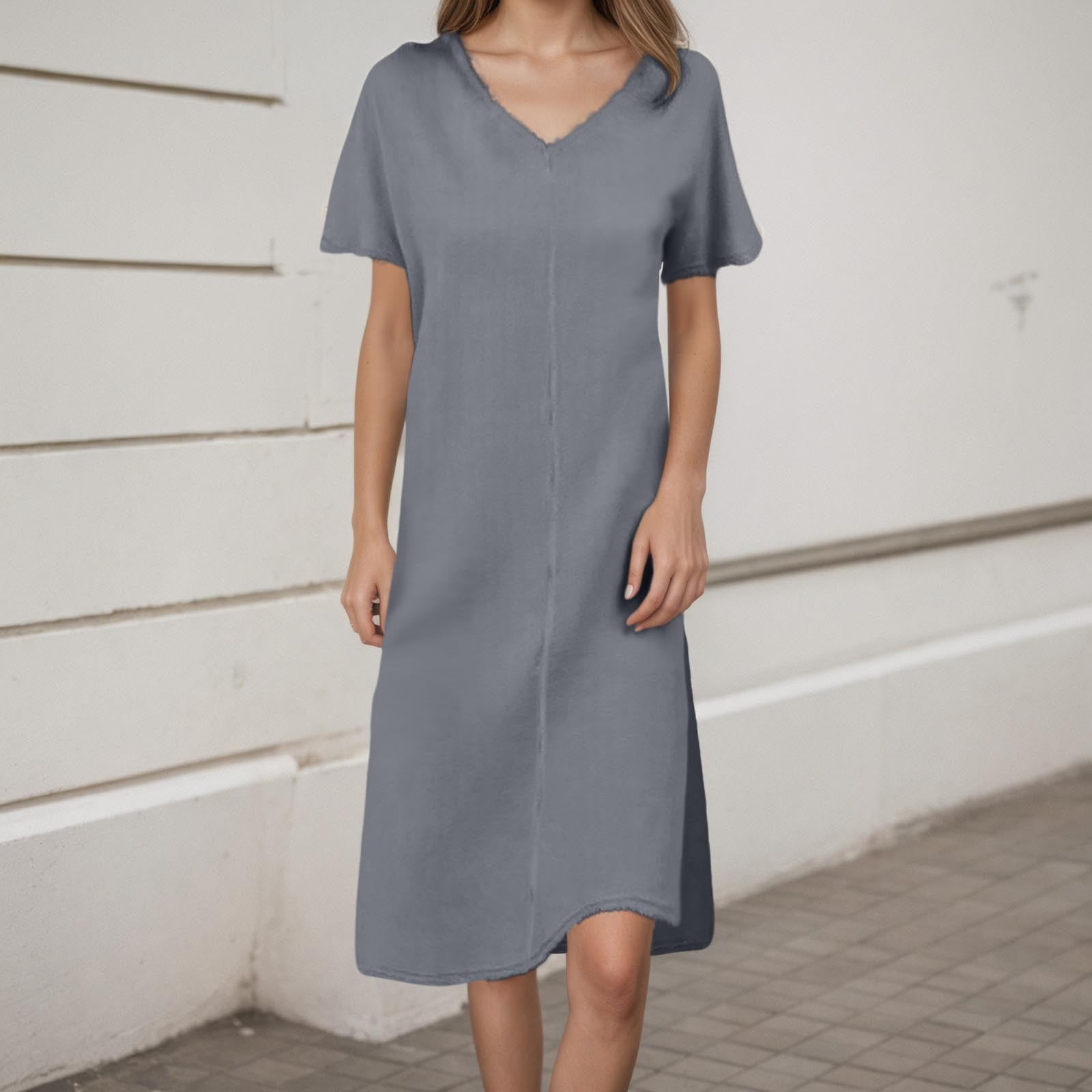 Linen Dress Women Mi Long Casual Dresses Short Sleeve Solid Color ...