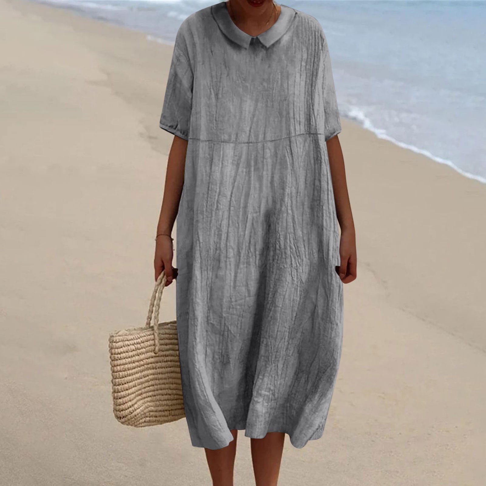 Linen Dress Women Summer Short Sleeve Collared Sun Dress Casual Loose ...