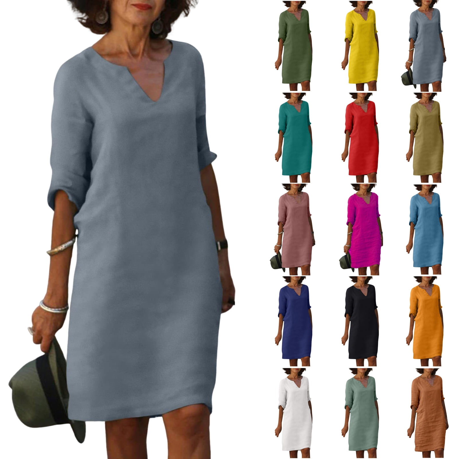 Linen Dress Women V Neck 3/4 Sleeve Tunic Boho Knee Length Dress Casual ...