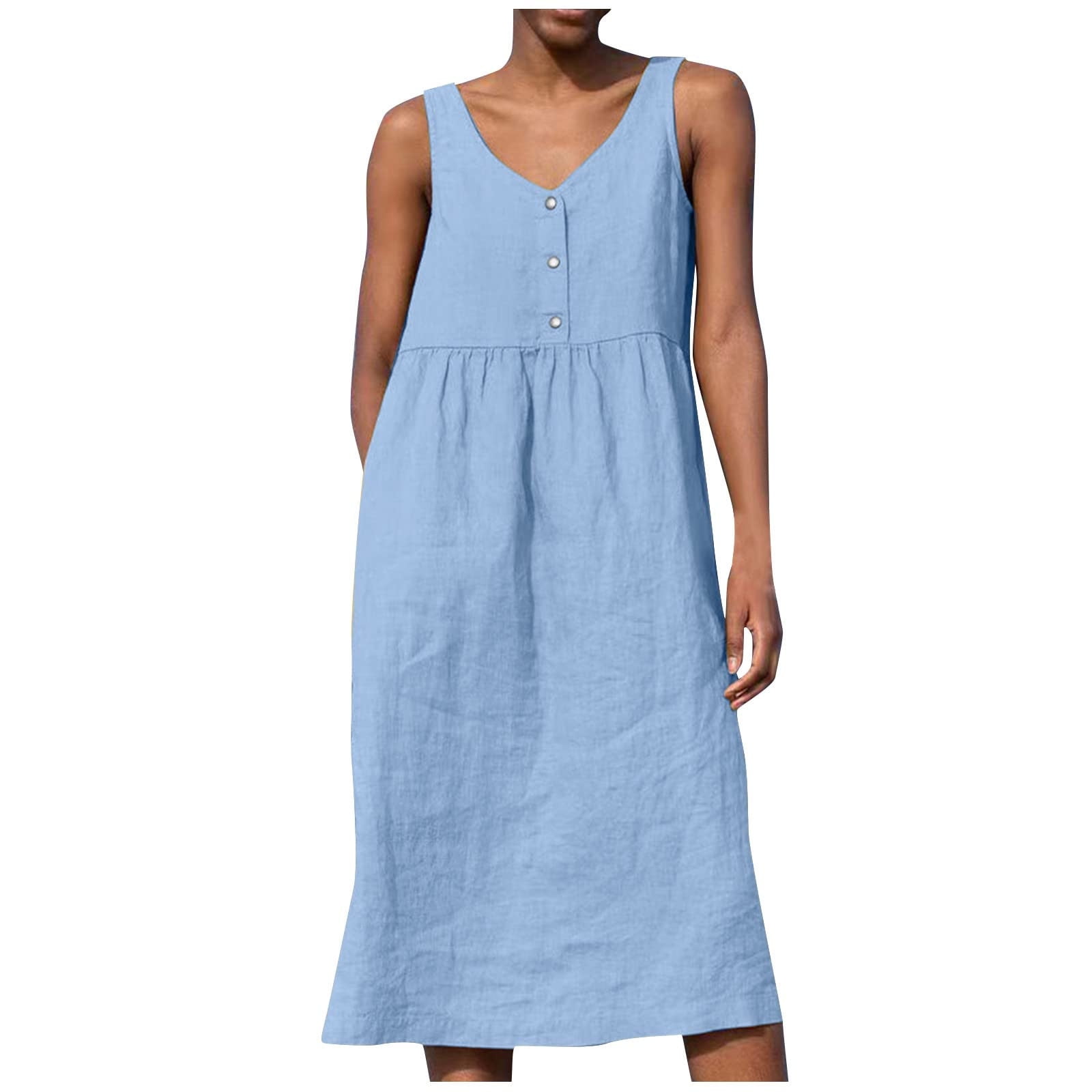 Linen Dress Womens 2024 Sleeveless Cover Up Tank Midi Dresses Button V ...