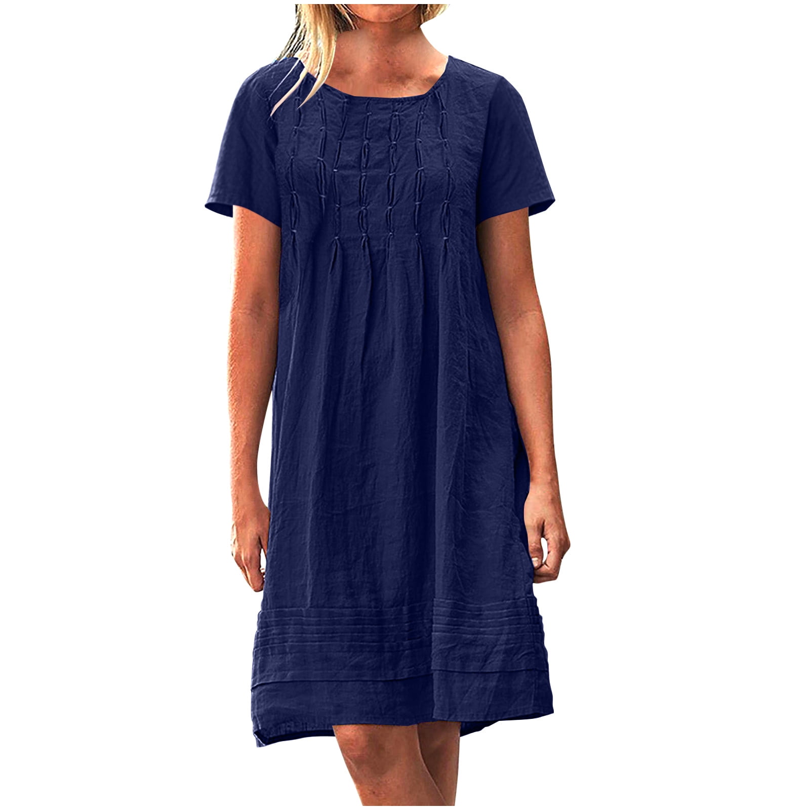 Linen Dress for Women Pleated Summer Dresses Round Neck Short Sleeve ...