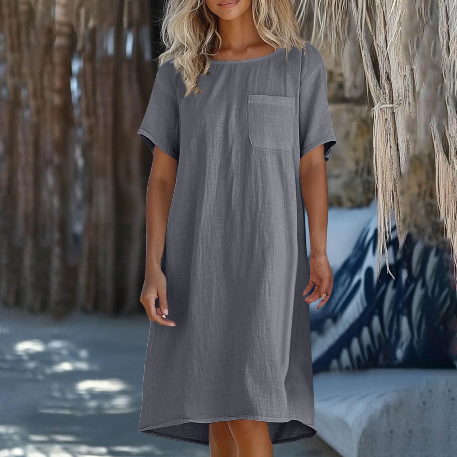 Linen Dresses for Women 2025 Plus Size Summer 3/4 Sleeve Maxi Dress ...