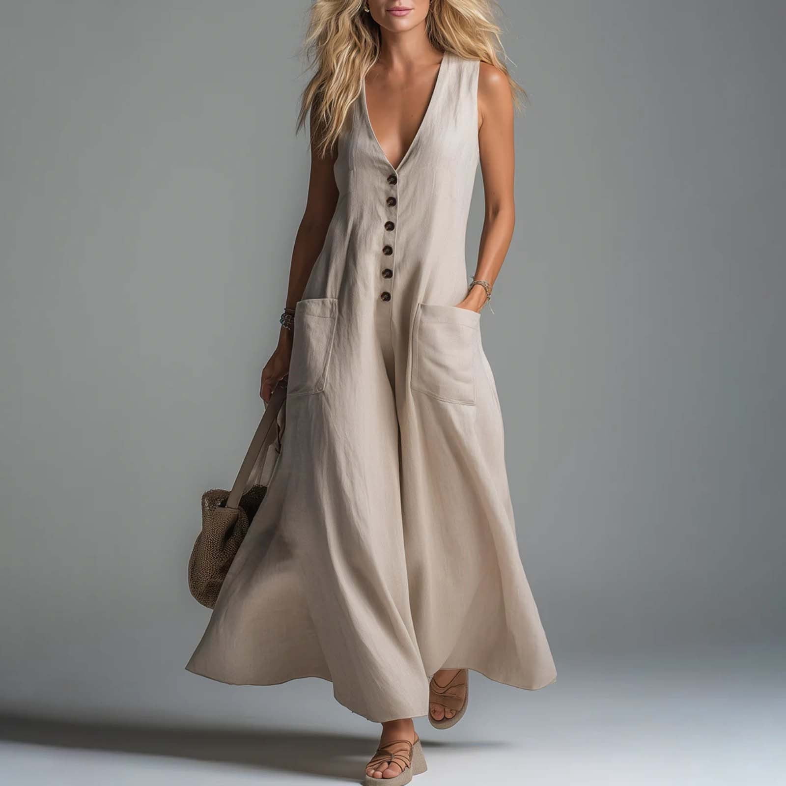 Linen Dresses for Women V Neck Sleeveless Button Maxi Dress Casual A ...
