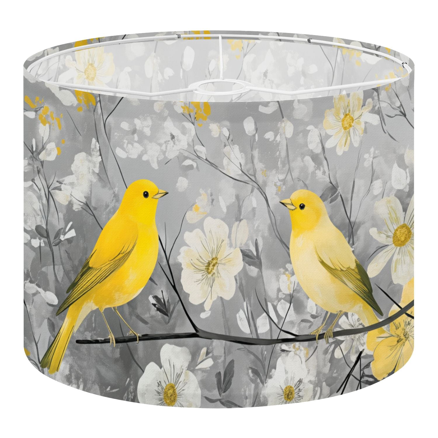Linen Drum Lampshades Bird Grey Yellow Love Birds Tree Branches Yellow ...