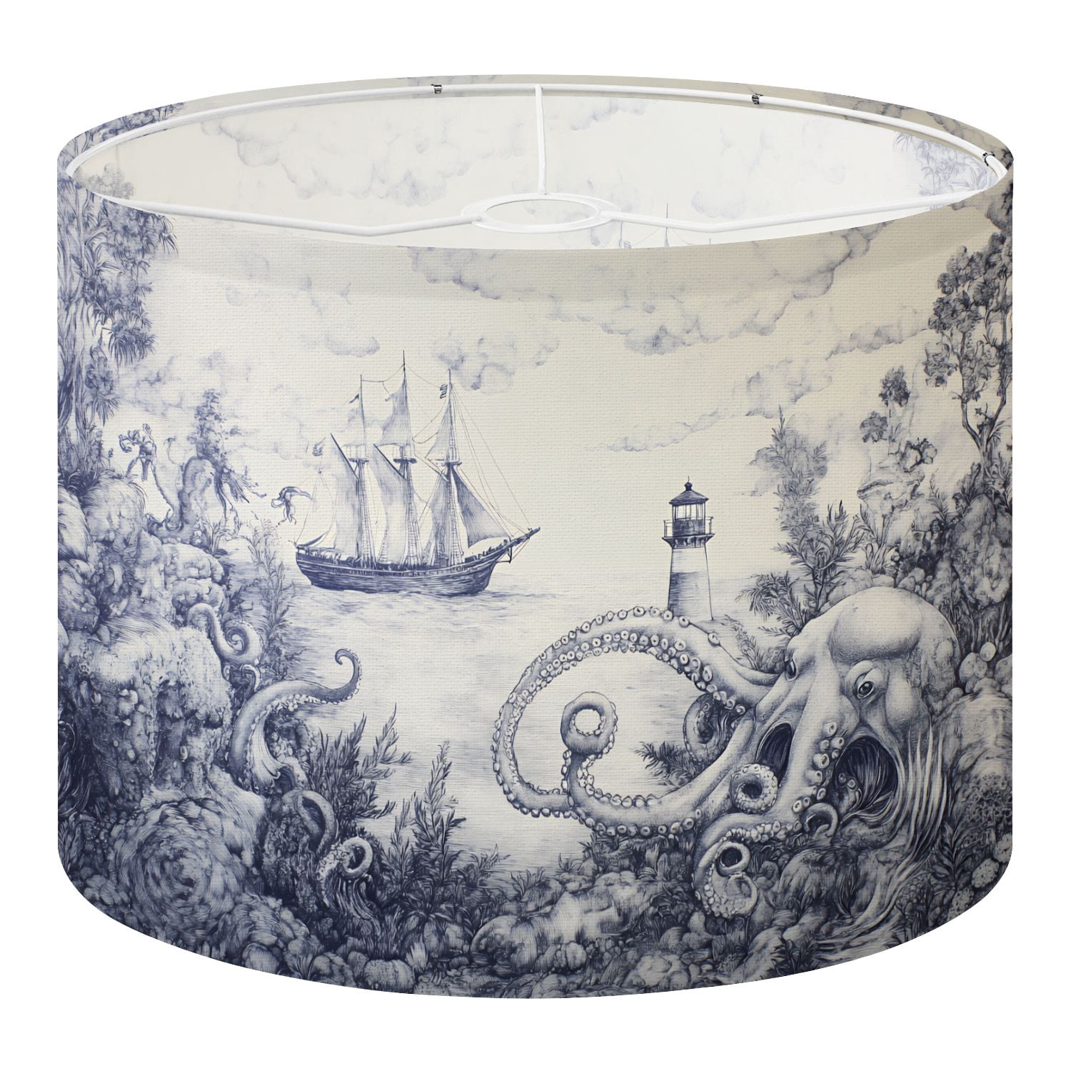 Linen Drum Lampshades Blue Deep Sea Toile Sailing Ship Octopus ...
