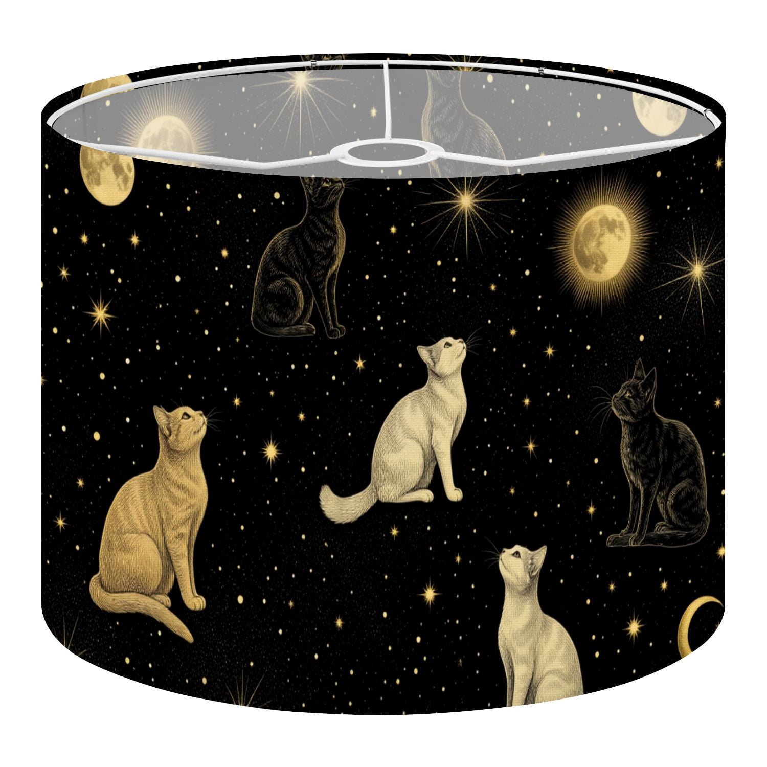 Linen Drum Lampshades Celestial Cats Moon Phases Black Starry Night ...