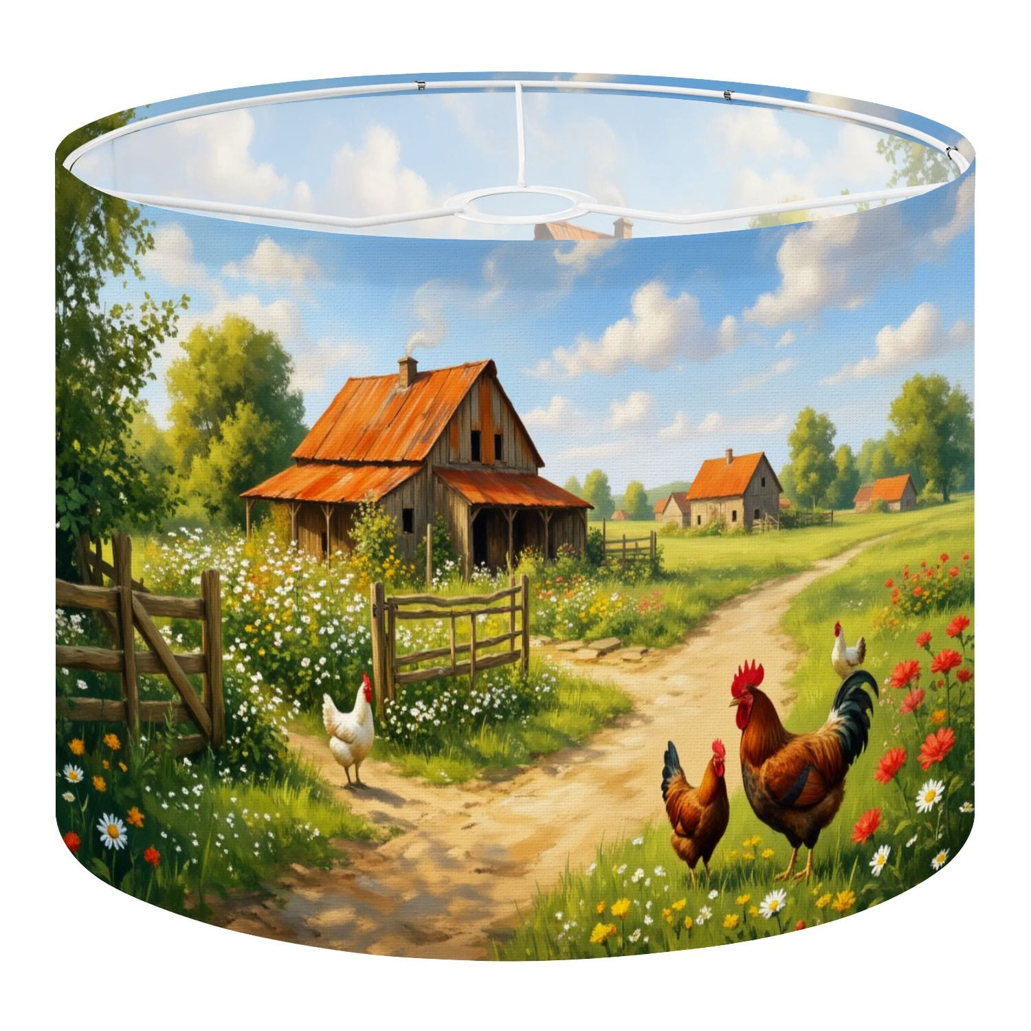 Linen Drum Lampshades Charming Countryside Farm Roaming Chickens Flower ...