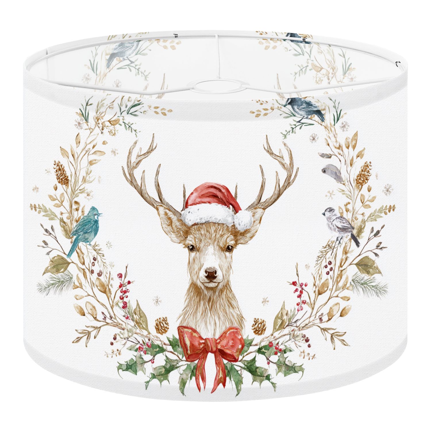 Linen Drum Lampshades Christmas Cardinal Wreath Elk Holly Deer Santa ...