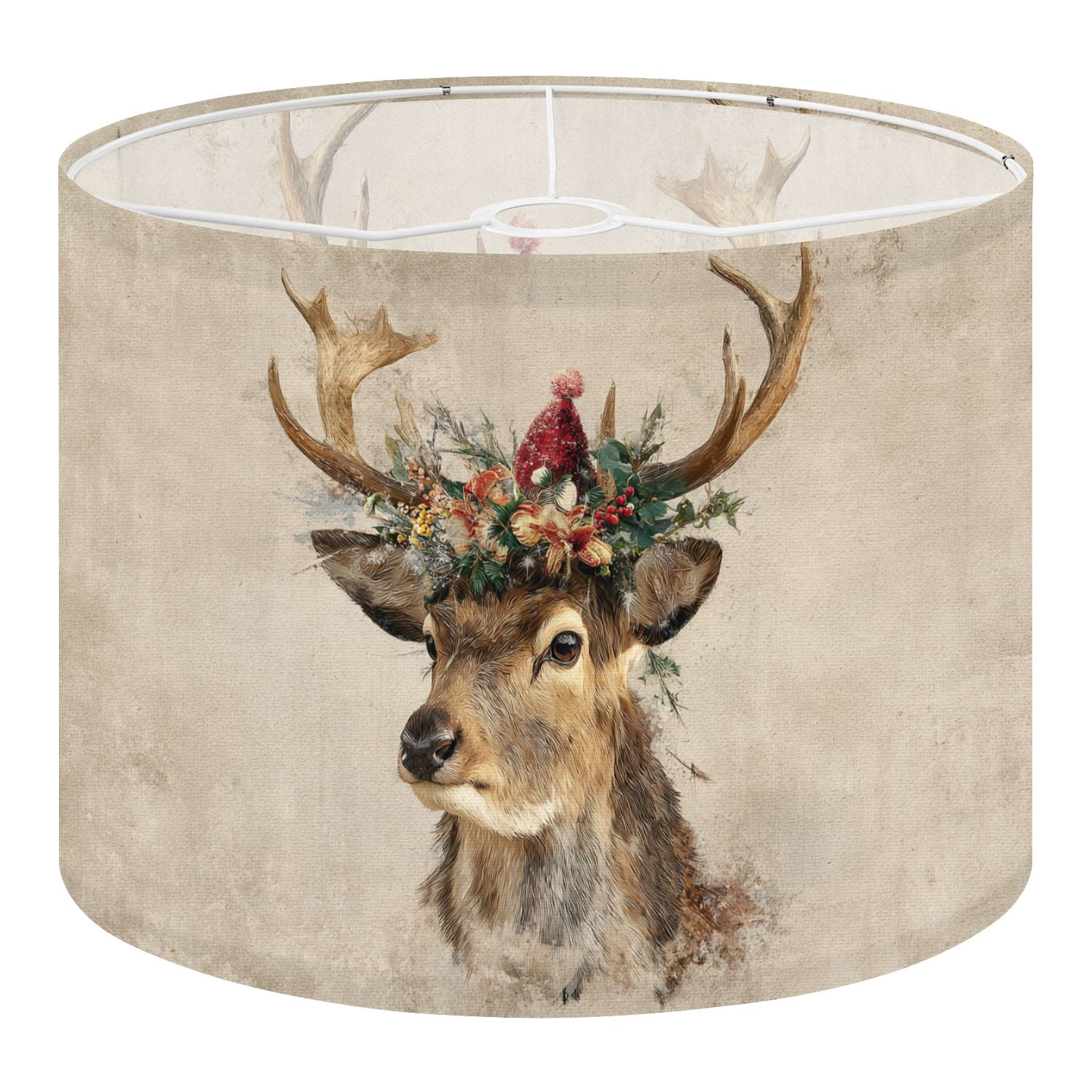 Linen Drum Lampshades Christmas Reindeer Still Life Rustic Xmas Vintage ...