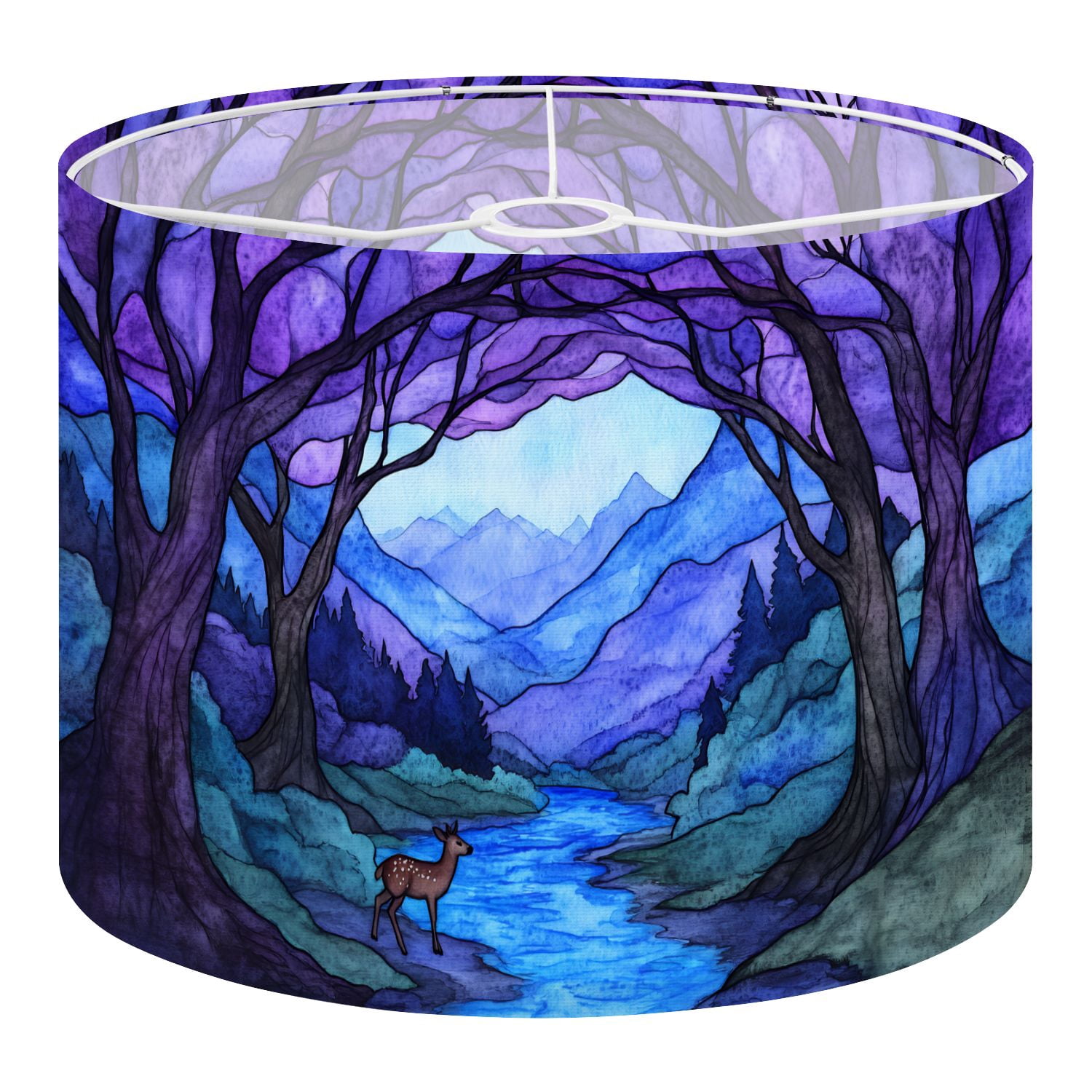 Linen Drum Lampshades Fantasy Watercolor Forest River Mountains 13"x13 ...