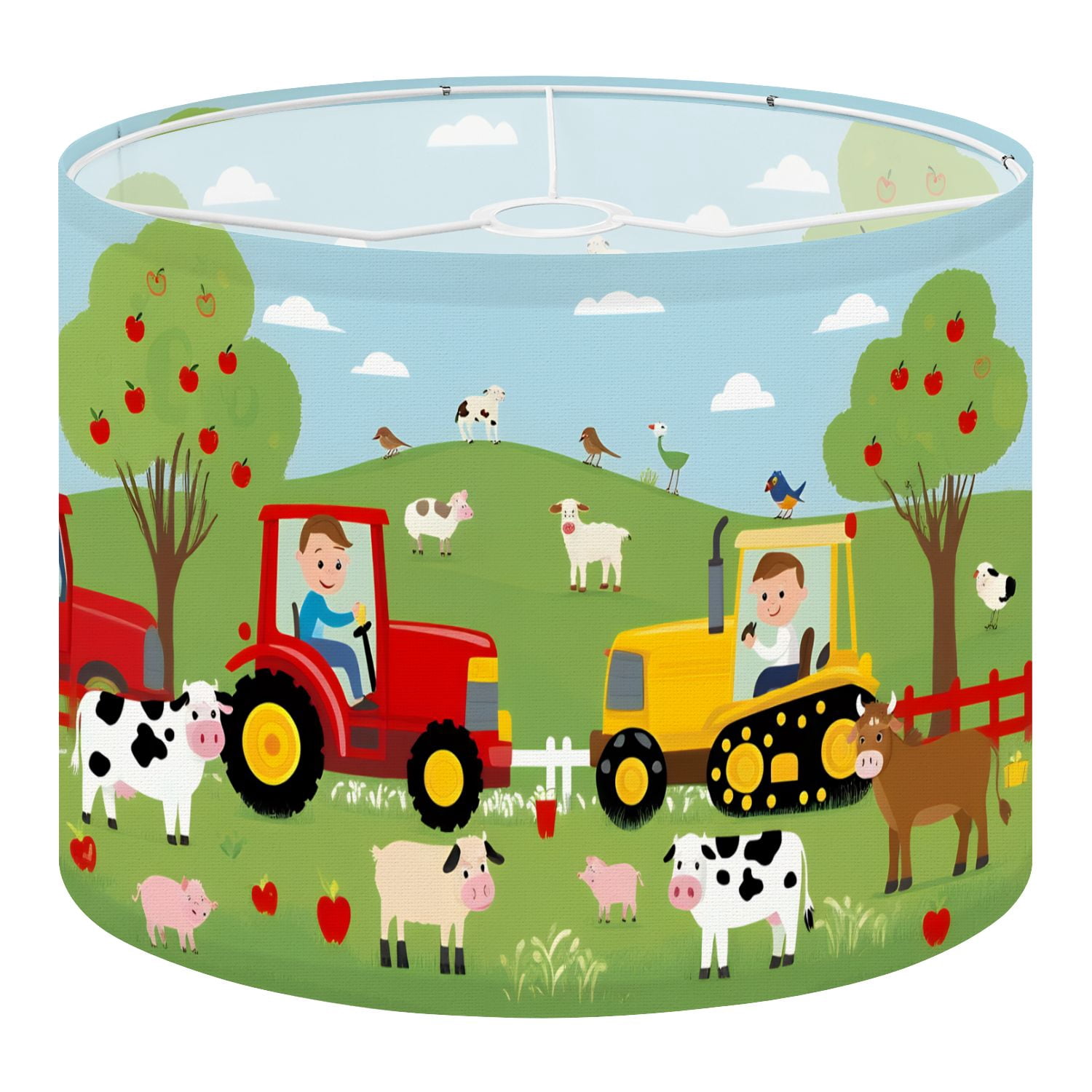 Linen Drum Lampshades Farm Friends Animals Green Red Tractor Yellow ...
