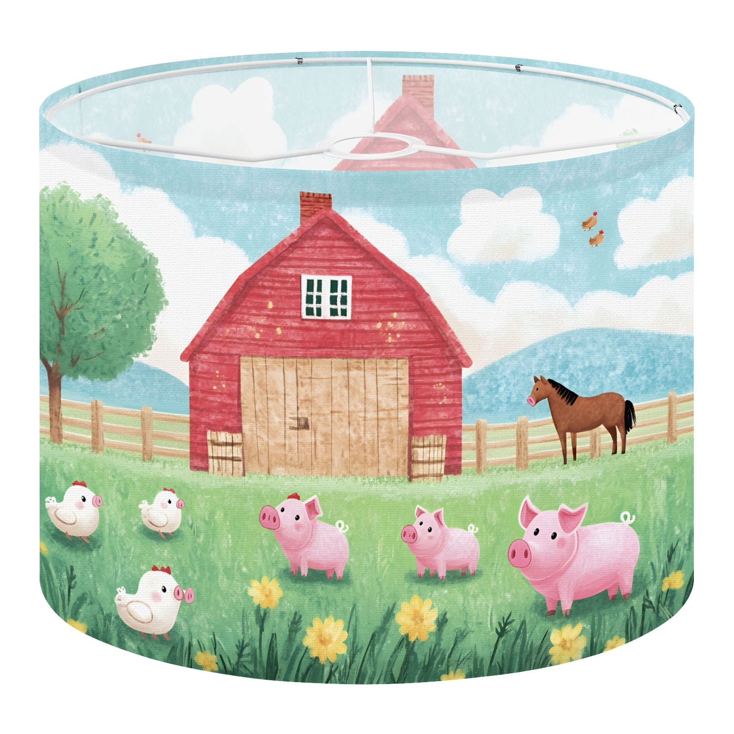 Linen Drum Lampshades Farm Red House Pink Pig Farm Animals Cow Chicken ...