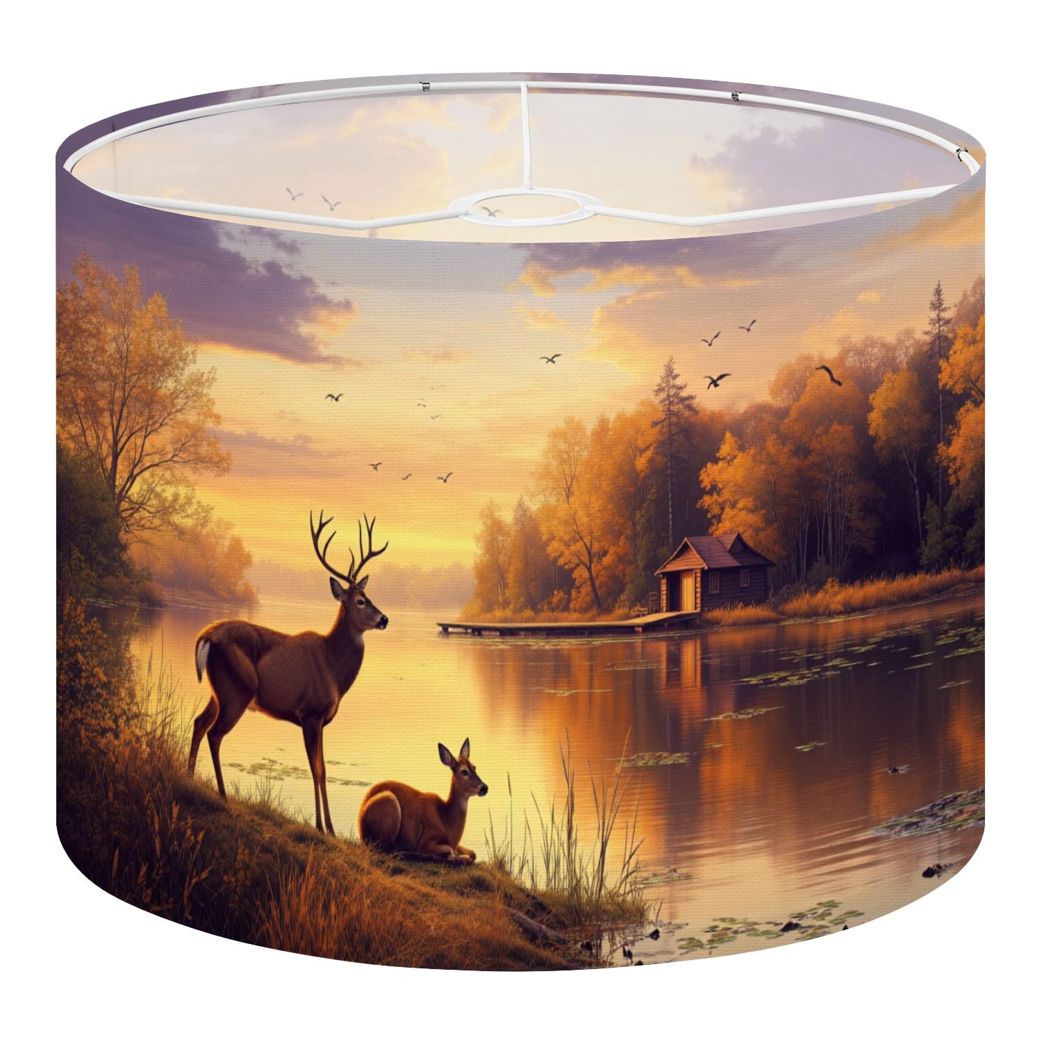 Linen Drum Lampshades Golden Rustic Animal Vintage Wildlife Deer Lake ...