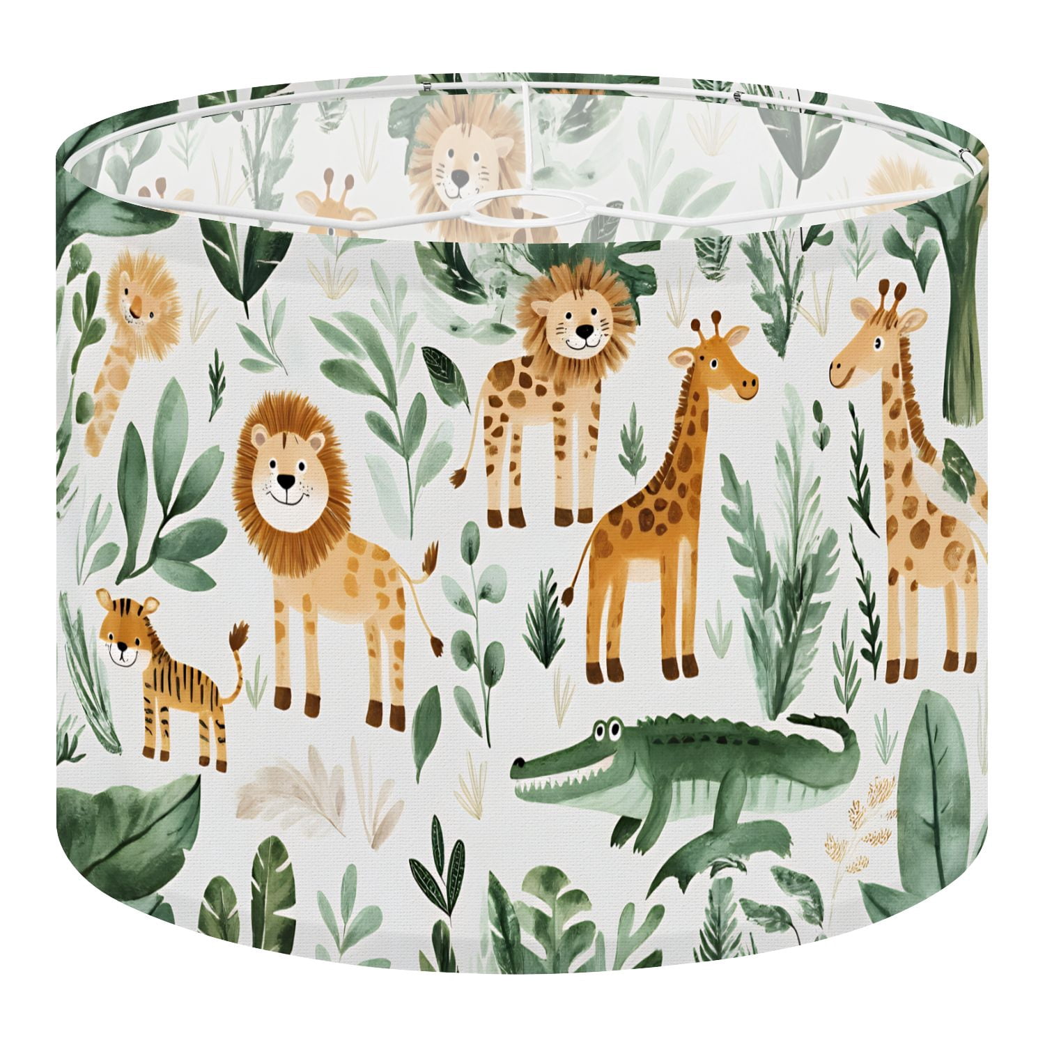 Linen Drum Lampshades Jungle Safari Animals Circular Motif Symmetrical ...