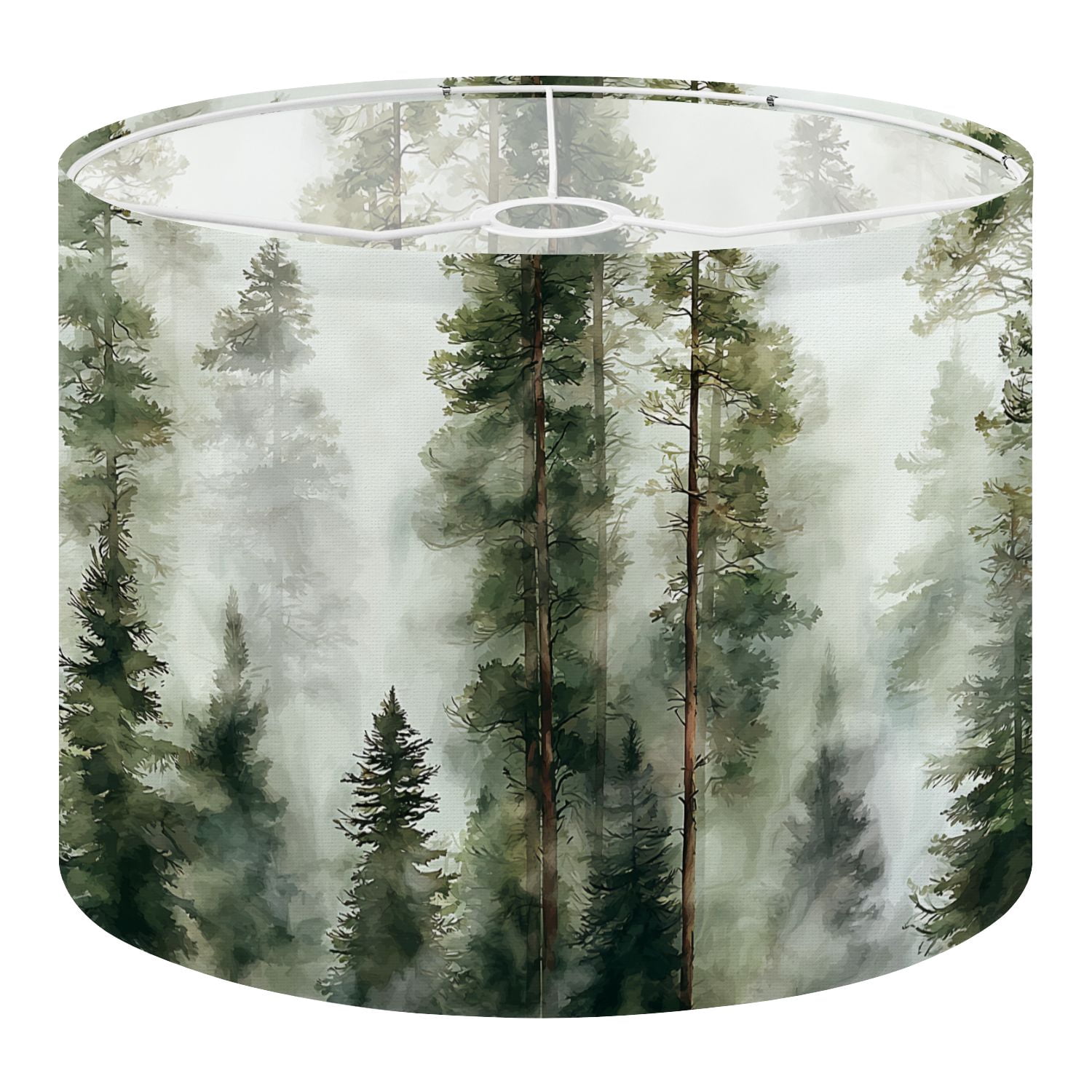 Linen Drum Lampshades Misty Forest Tall Pine Trees Watercolor Style 13 ...